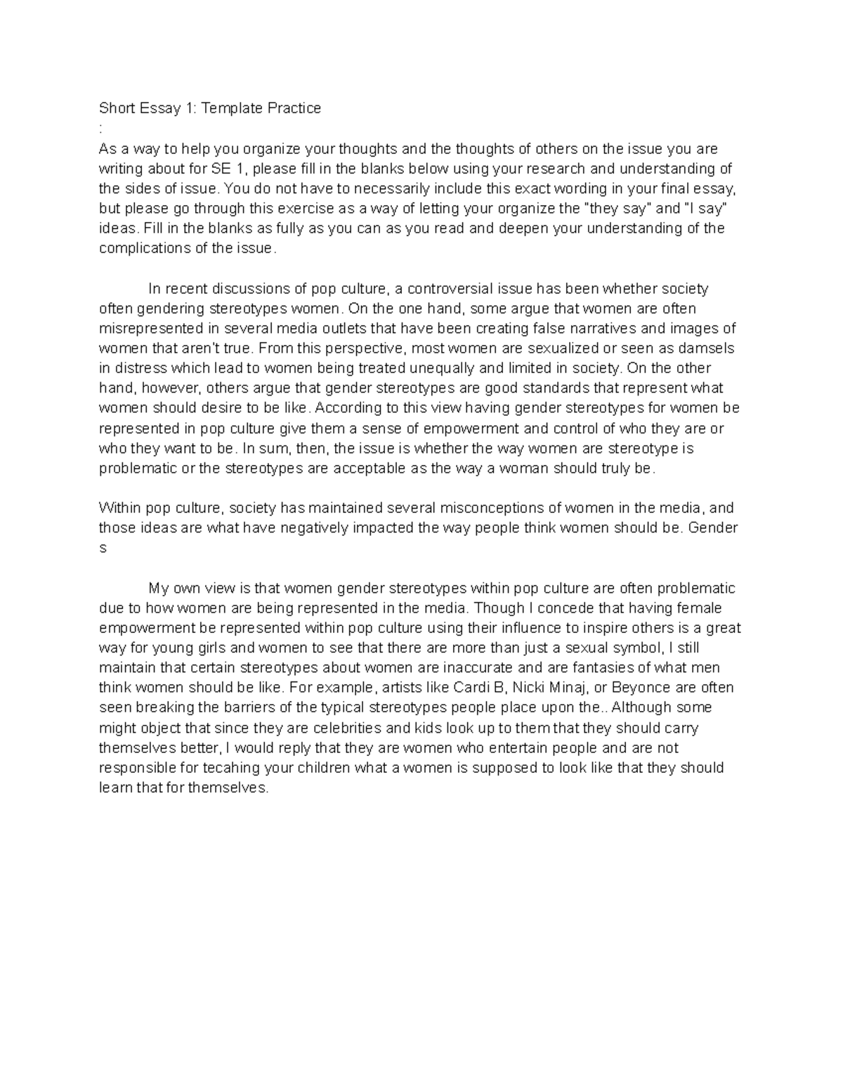 Short Essay 1 Template Practice 2 - Short Essay 1: Template Practice ...