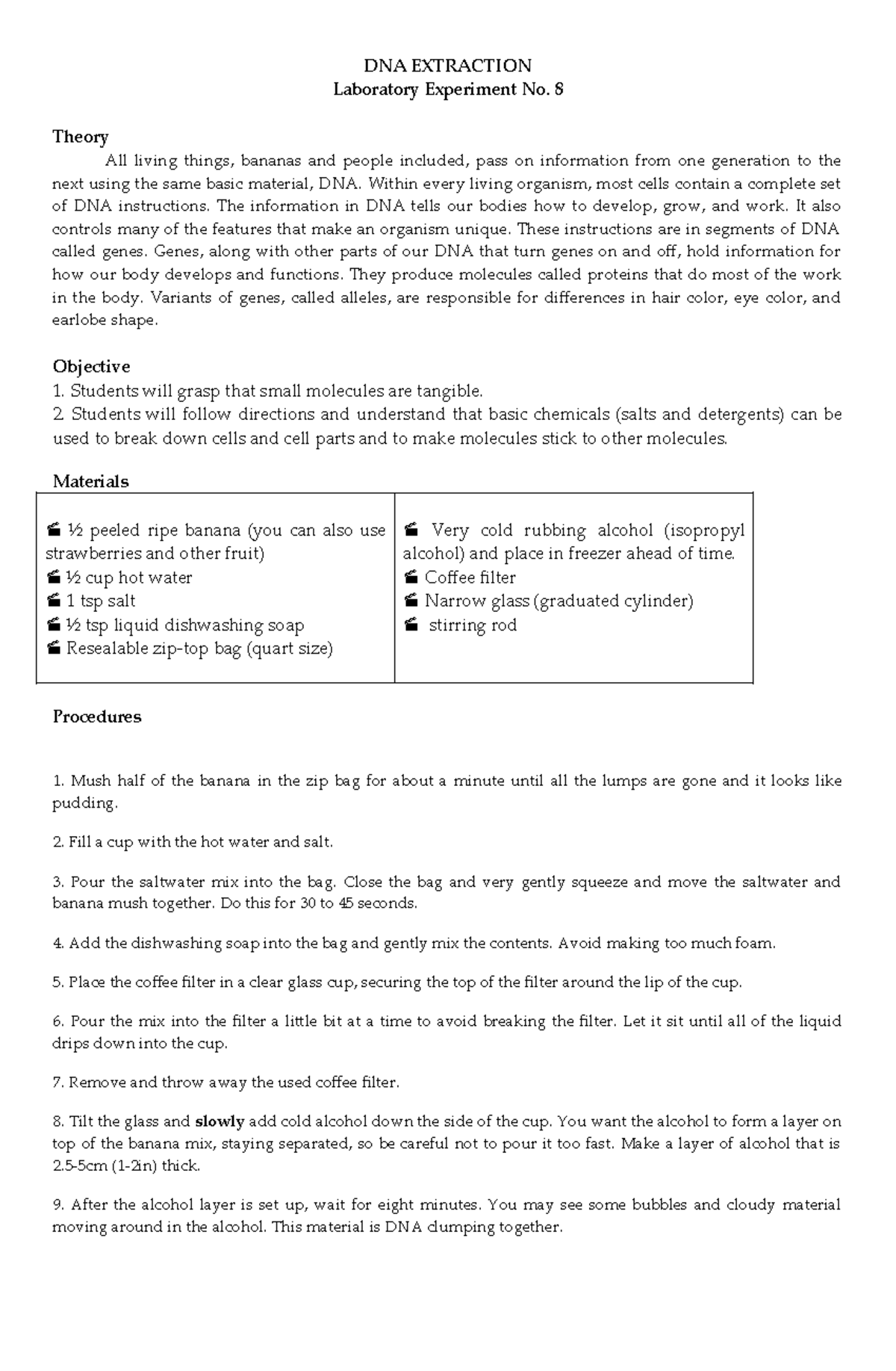 Laboratory 8 DNA Extraction - DNA EXTRACTION Laboratory Experiment No ...