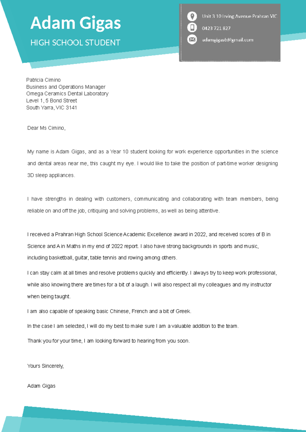 Cover Letter for Omega Ceramics Dental Lab - Adam Gigas HIGH SCHOOL ...