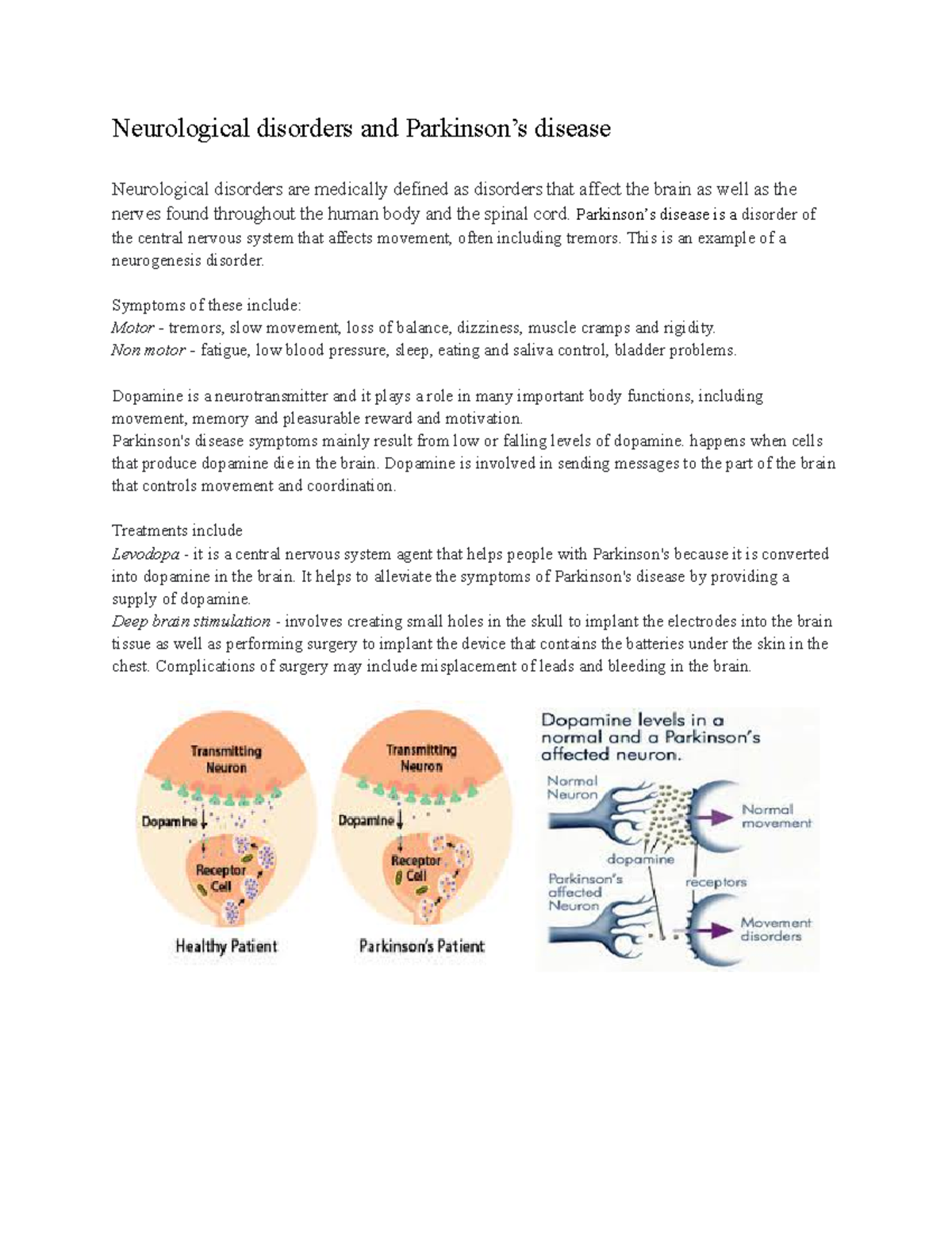 Neurological disorder and Parkinson's Disease - psychology Unit 1 AOS 1 ...