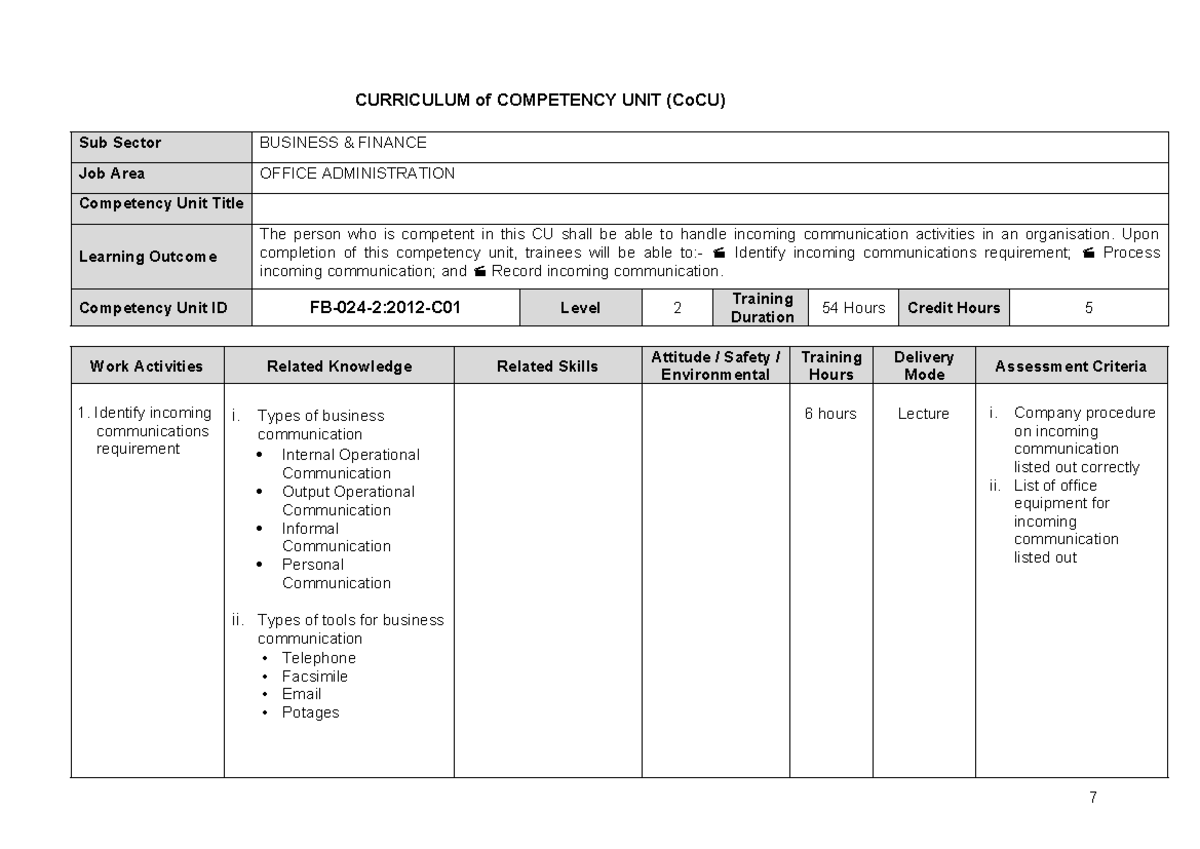 COCU 1 - Incoming Communication - CURRICULUM of COMPETENCY UNIT (CoCU ...