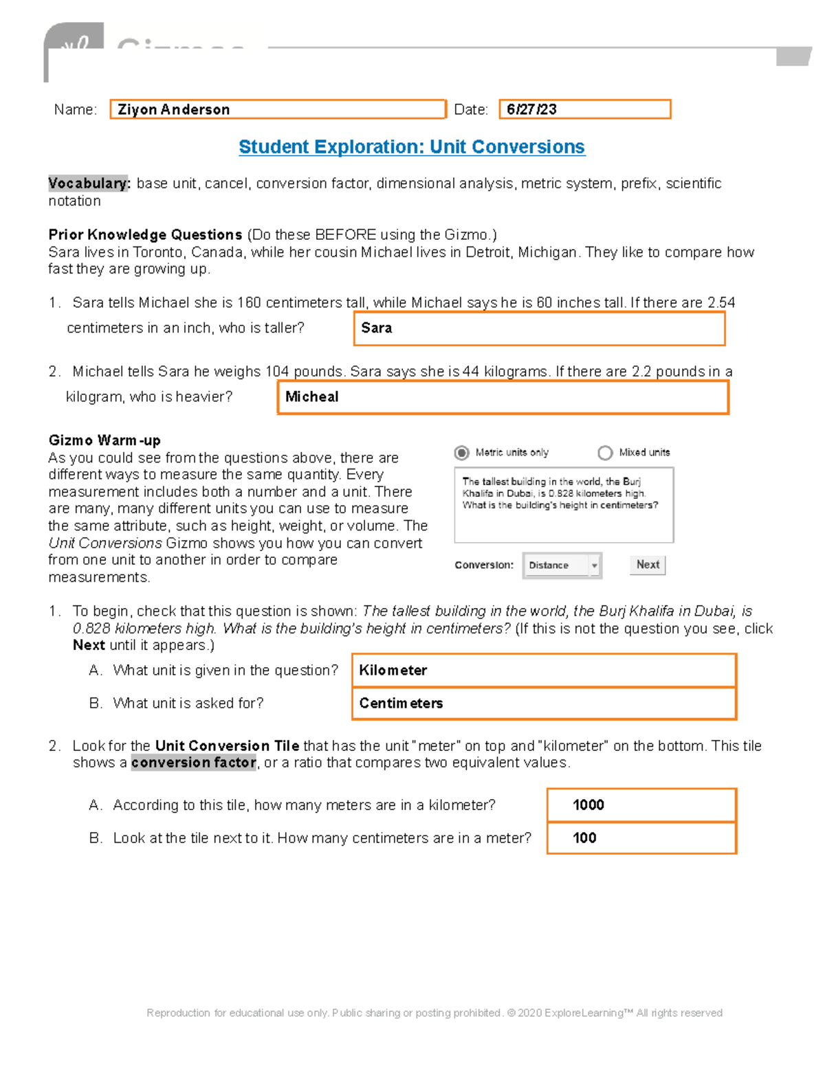 Copy of Unit Conversion 1SE - Name: Ziyon Anderson Date: 6/27/ Student ...