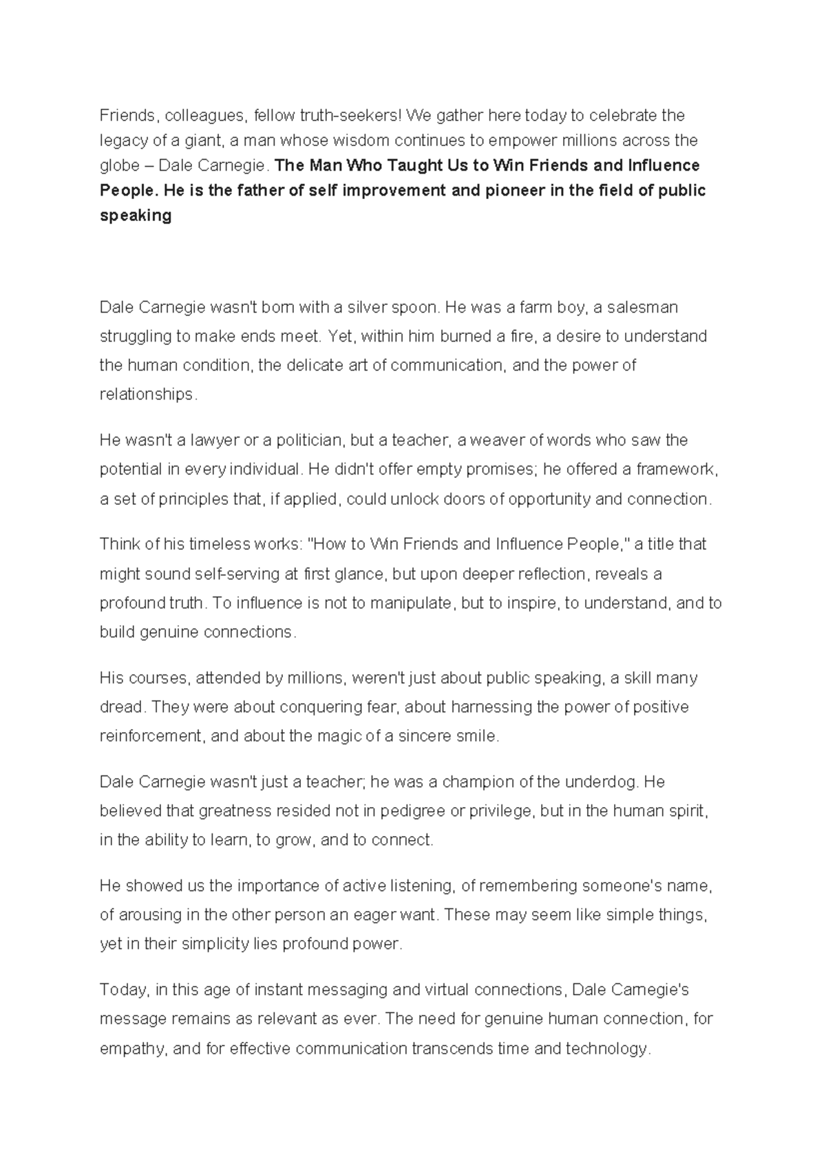 Ceremonial Speech - Friends, colleagues, fellow truth-seekers! We ...