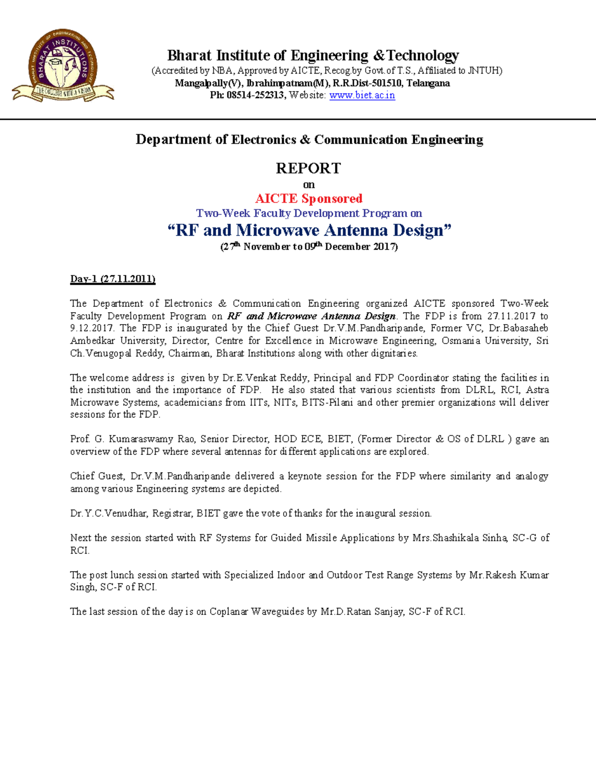 ECE FDP Report New1 - Mandatory Assignments - Bharat Institute of ...