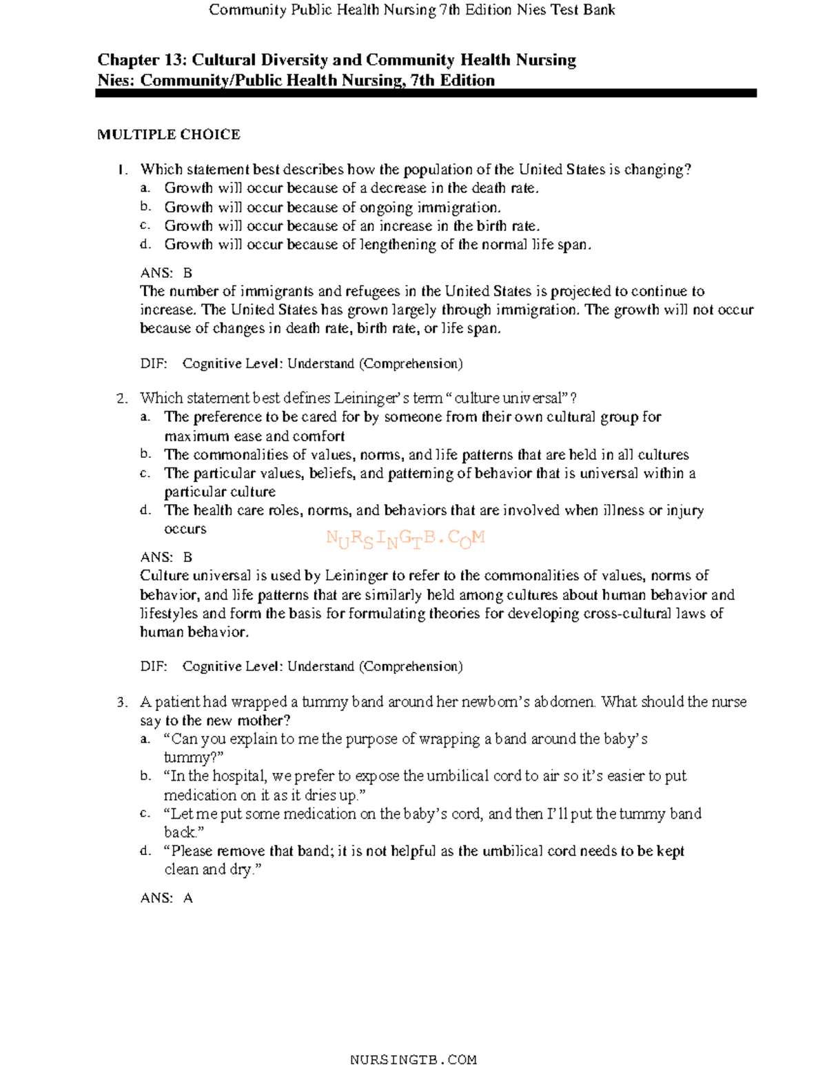 13 - practice - NURSINGTB Chapter 13: Cultural Diversity and Community ...