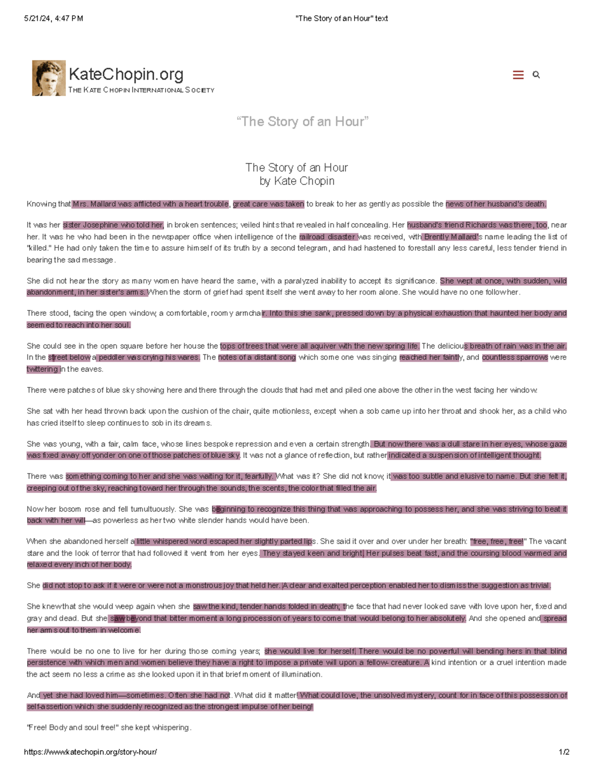 The Story of an Hour text - KateChopin T K C I S The Story of an Hour ...