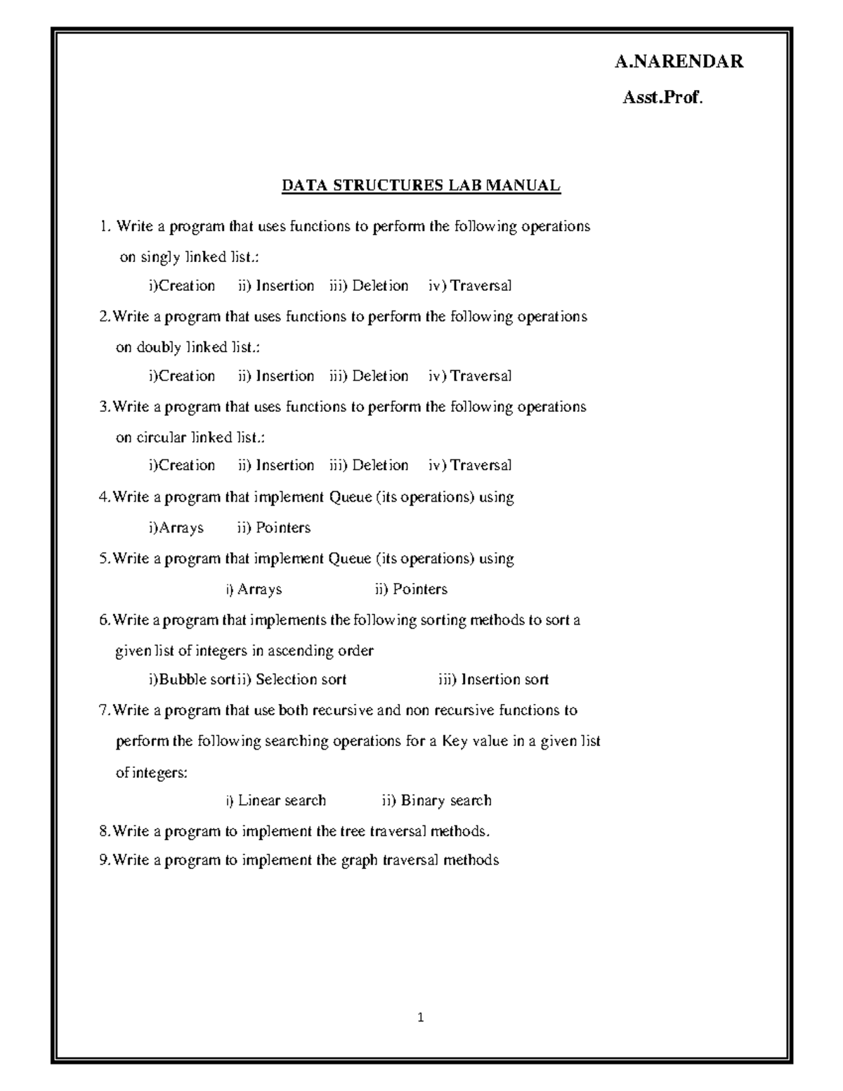 Data Structure Lab Manual Naresh Asst Data Structures Lab Manual Write A Program That Uses