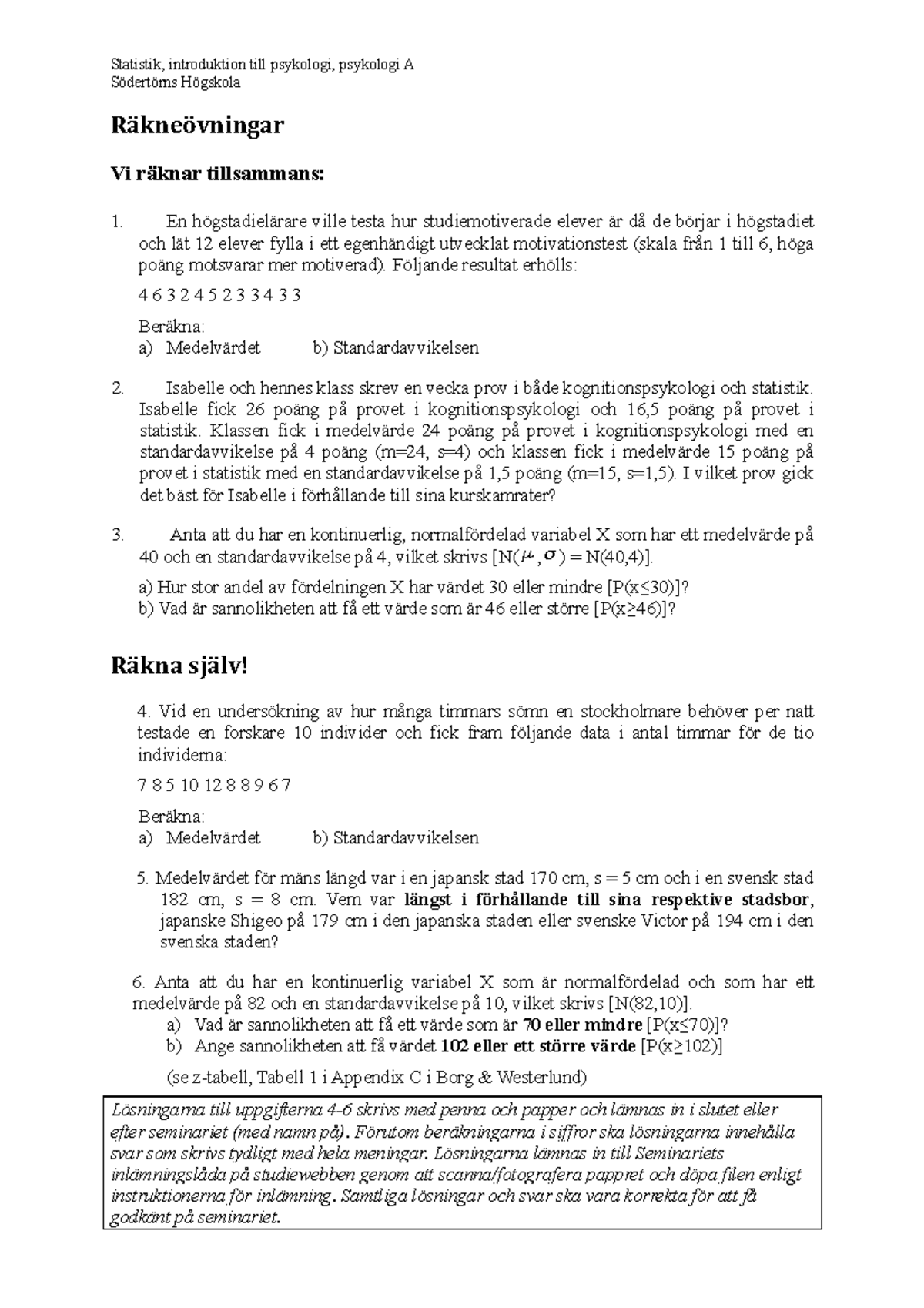 Uppgift - Räkneövning - Statistik, introduktion till psykologi ...