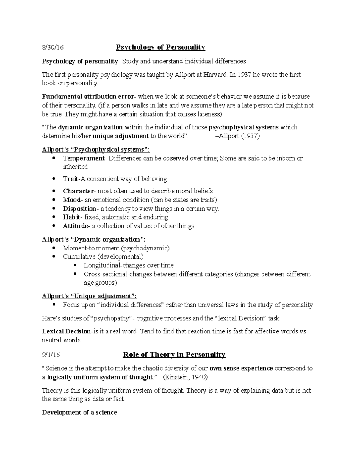 Exam 1 class notes - Psychology of Personality Psychology of Study and ...