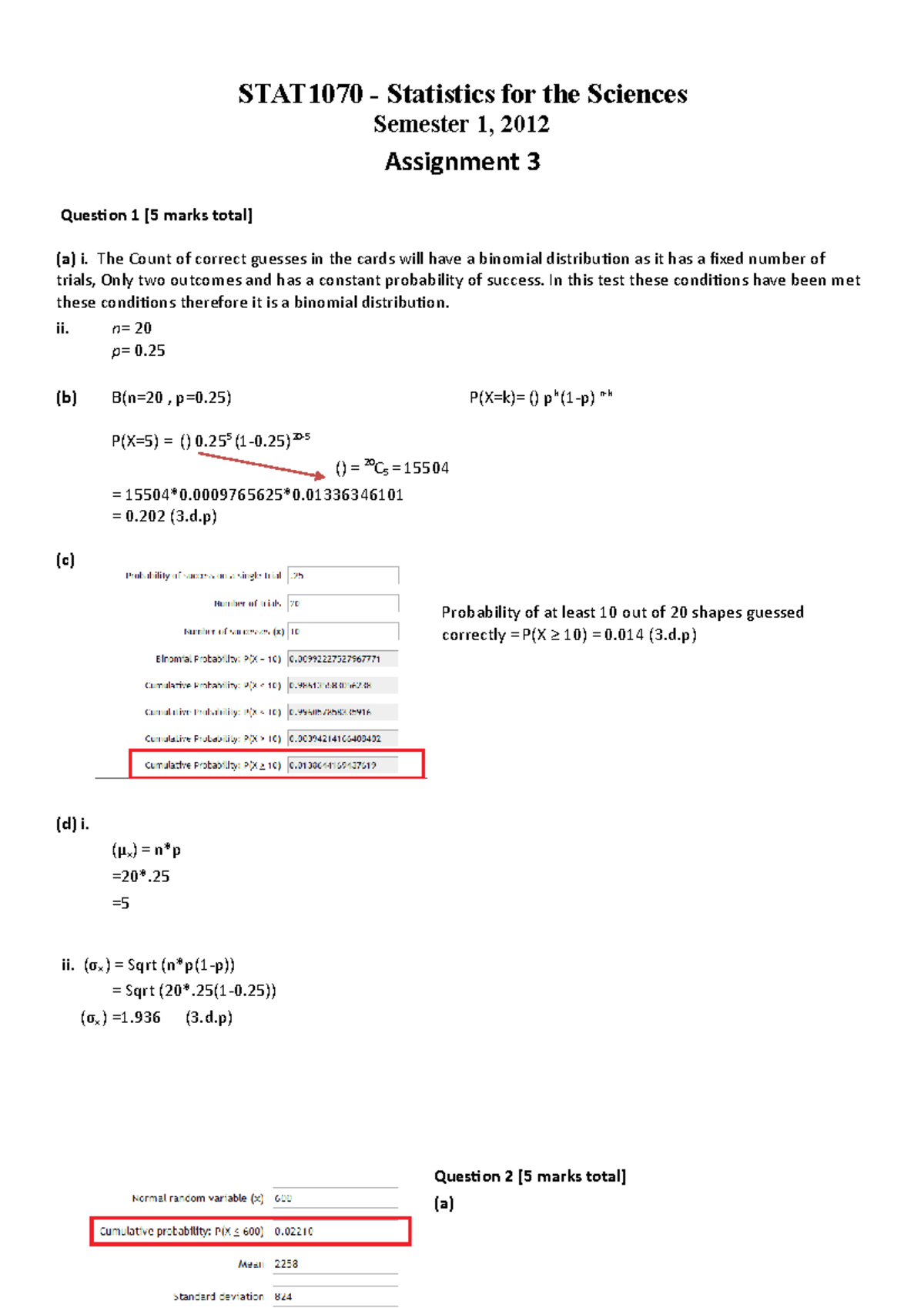 STAT1070 Asst 3 Sem 1 2012 - STAT1070 - Statistics for the Sciences Semester 1, 2012 Assignment ...
