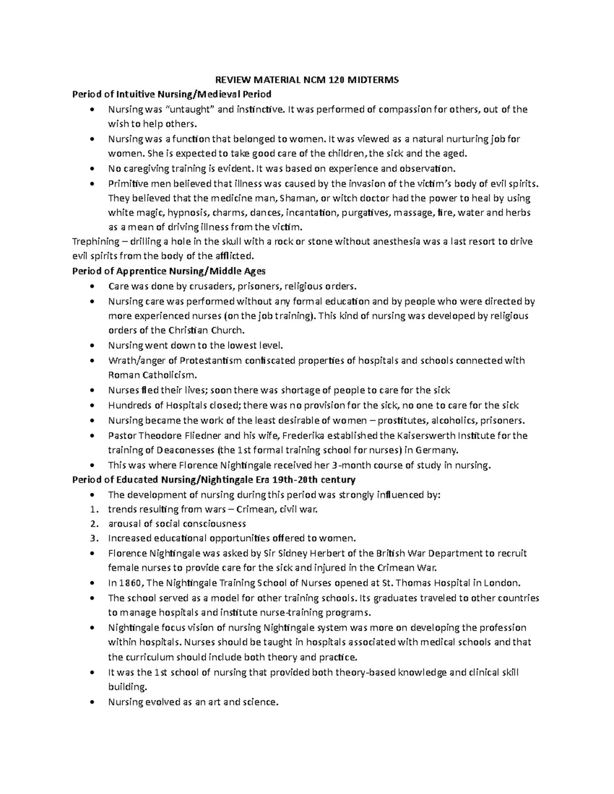 Review Material NCM 120 Midterms - REVIEW MATERIAL NCM 120 MIDTERMS Period of Intuitive - Studocu