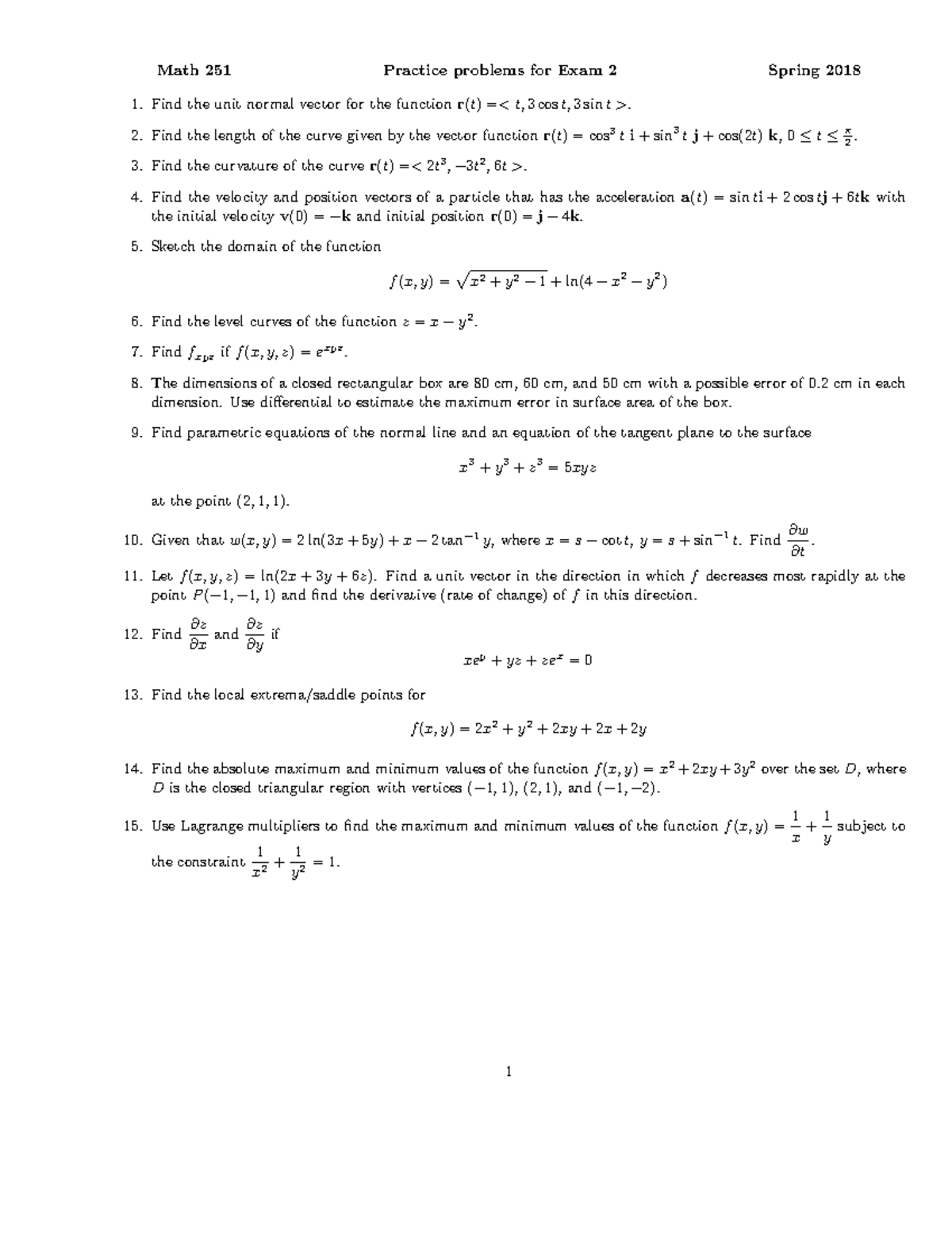 Cal 3 - Exam 2 (Questions) - Math 251 Practice problems for Exam 2 ...