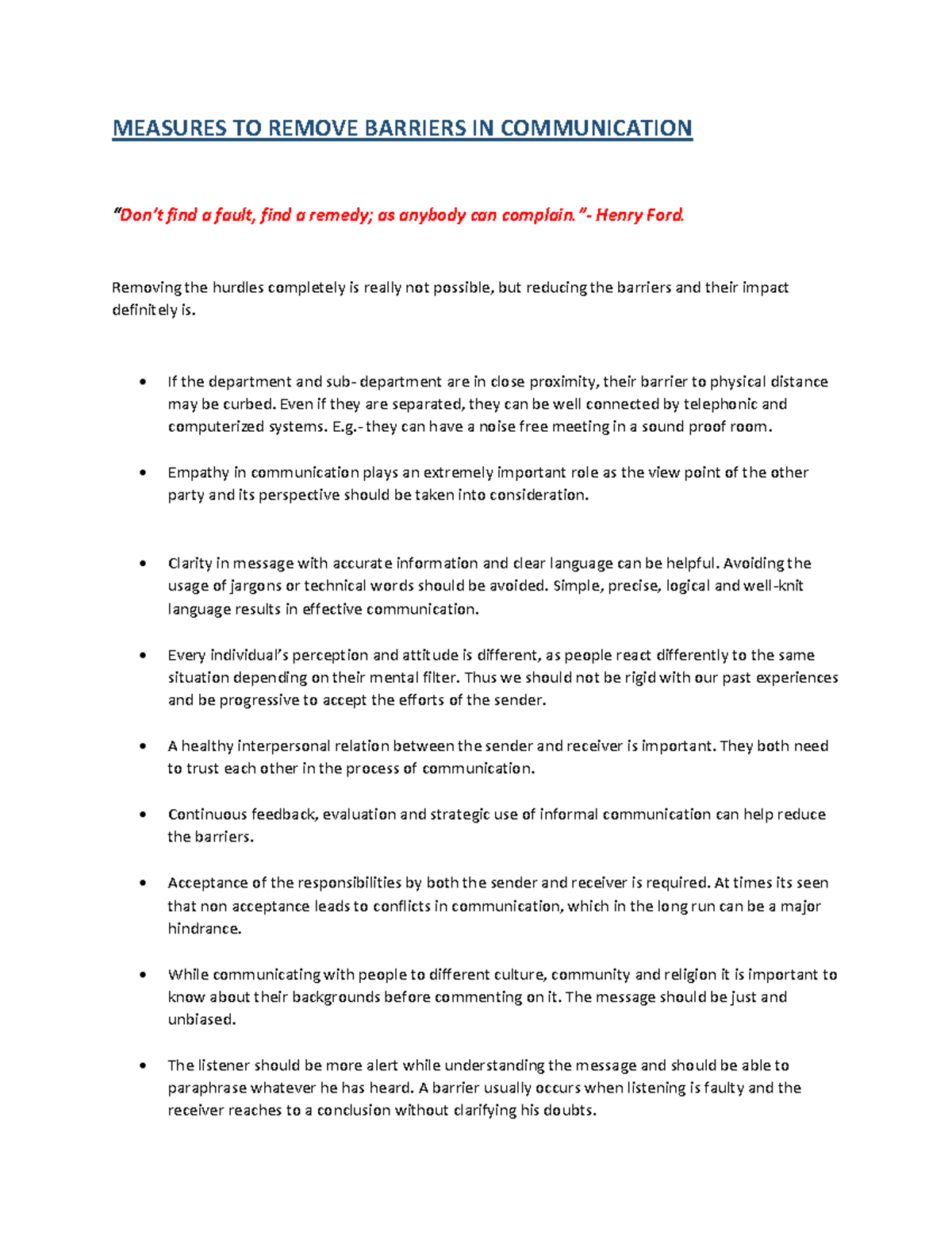 Measures to Remove Barriers in Communication - MEASURES TO REMOVE ...