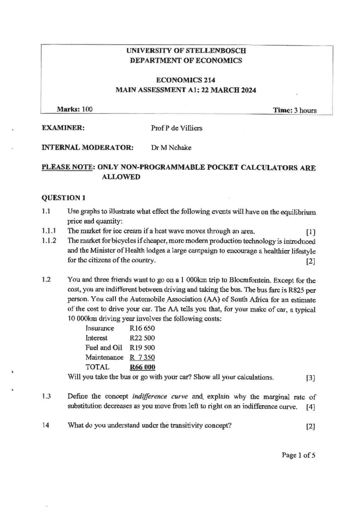 ecos A1 past paper - UNIVERSITY OF STELLENBOSCH DEPARTMENT OF ECONOMICS ...
