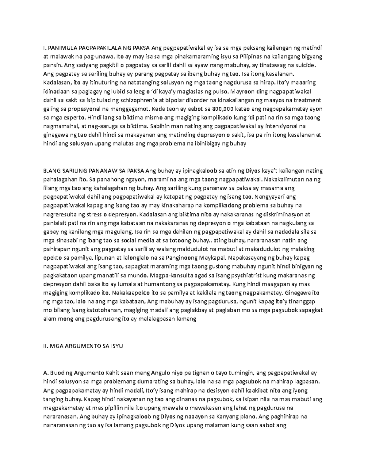 Pagpapatiwakal position paper - I. PANIMULA PAGPAPAKILALA NG PAKSA Ang ...