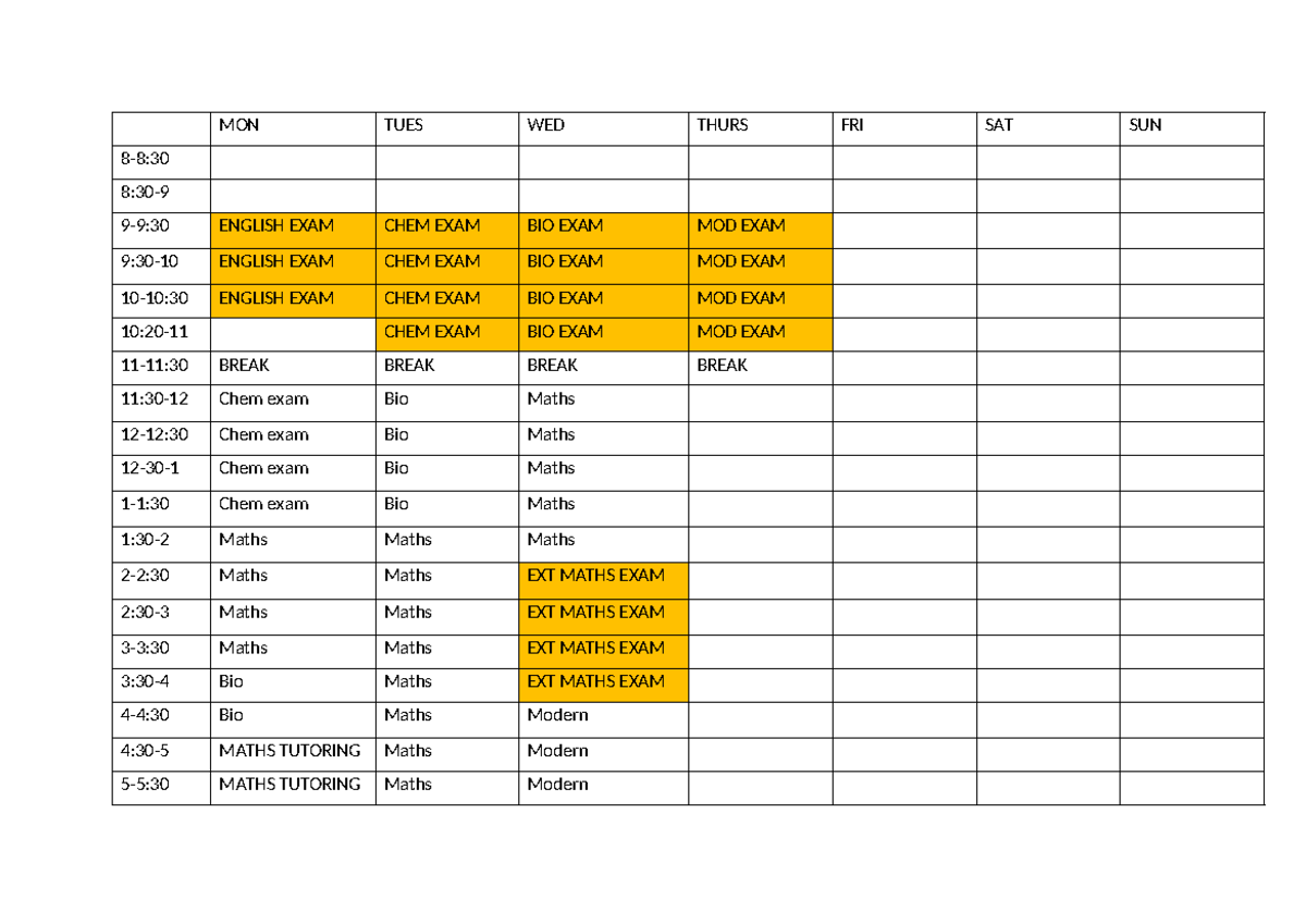 Timetable - study plan to learn content - MON TUES WED THURS FRI SAT ...