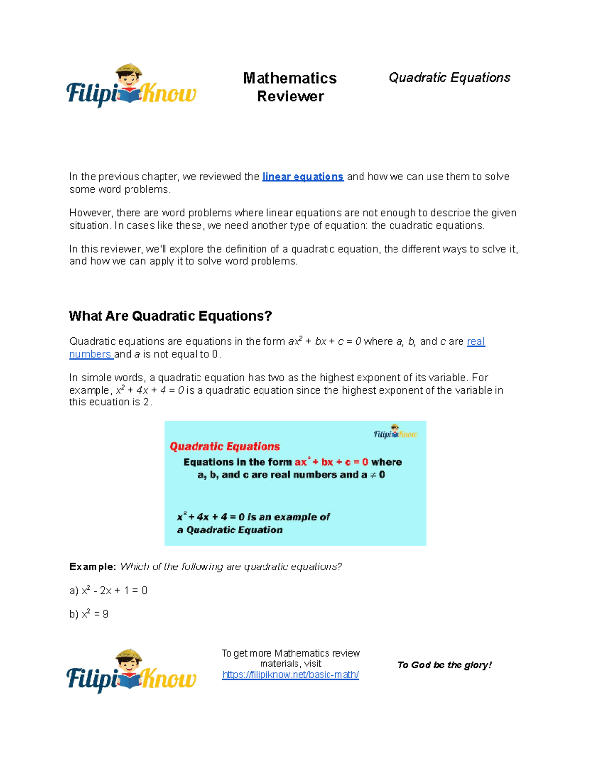 Quadratic-Equations-Reviewer - Mathematics Reviewer In the previous ...