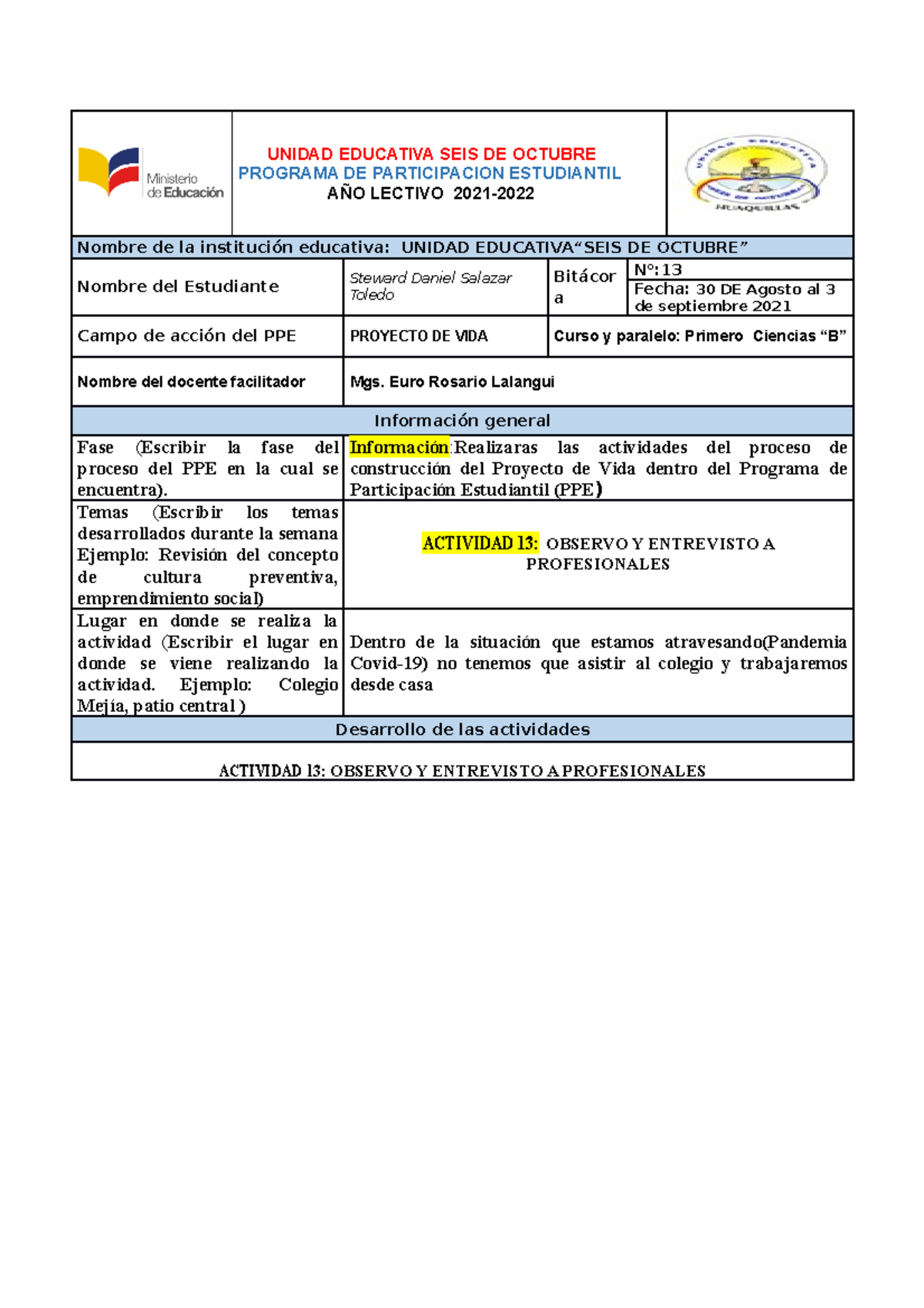 14.Bitacora nro. 13 Observo Y Entrevisto A Profesionales - UNIDAD EDUCATIVA SEIS DE OCTUBRE ...