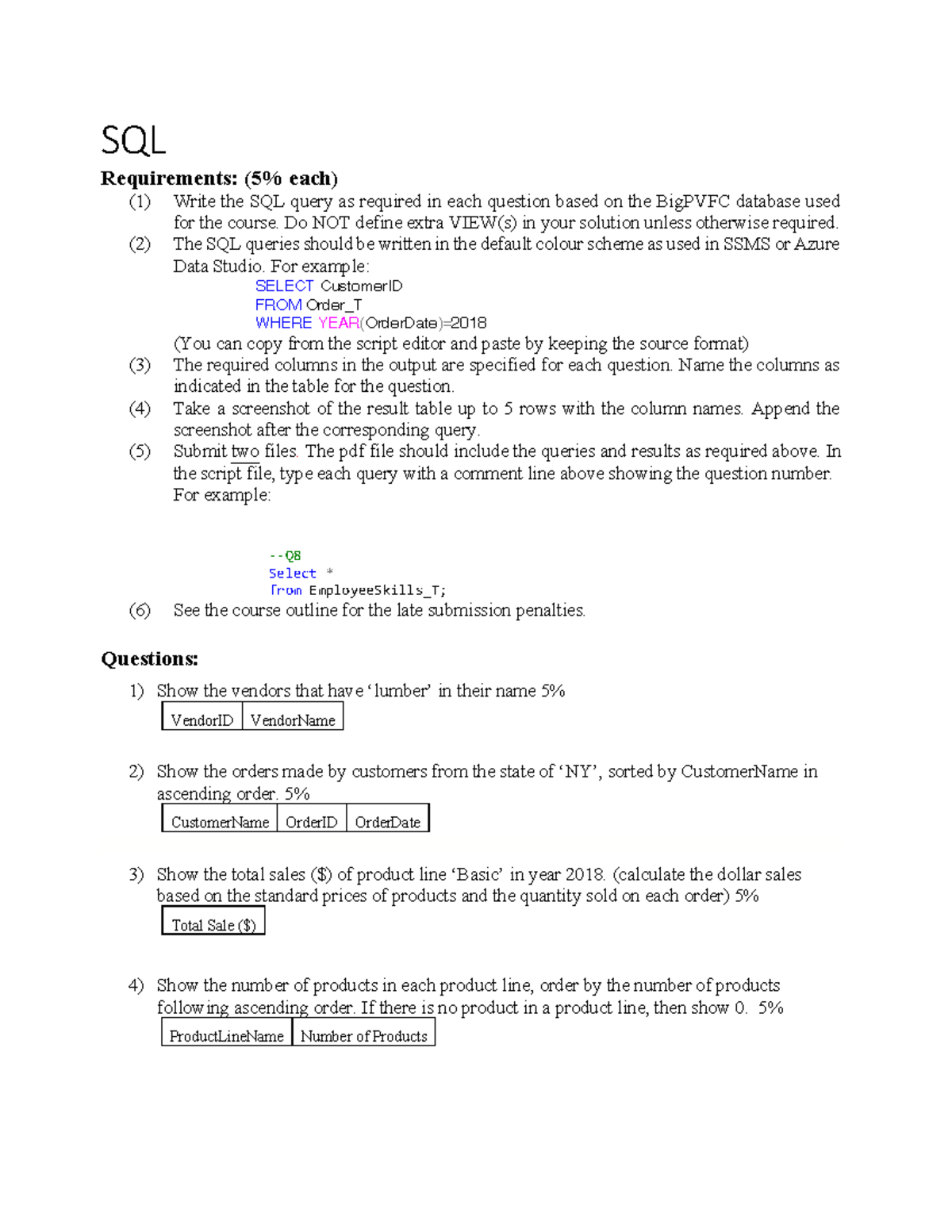 SQL - Do NOT define extra VIEW(s) in your solution unless otherwise required. (2) The SQL ...