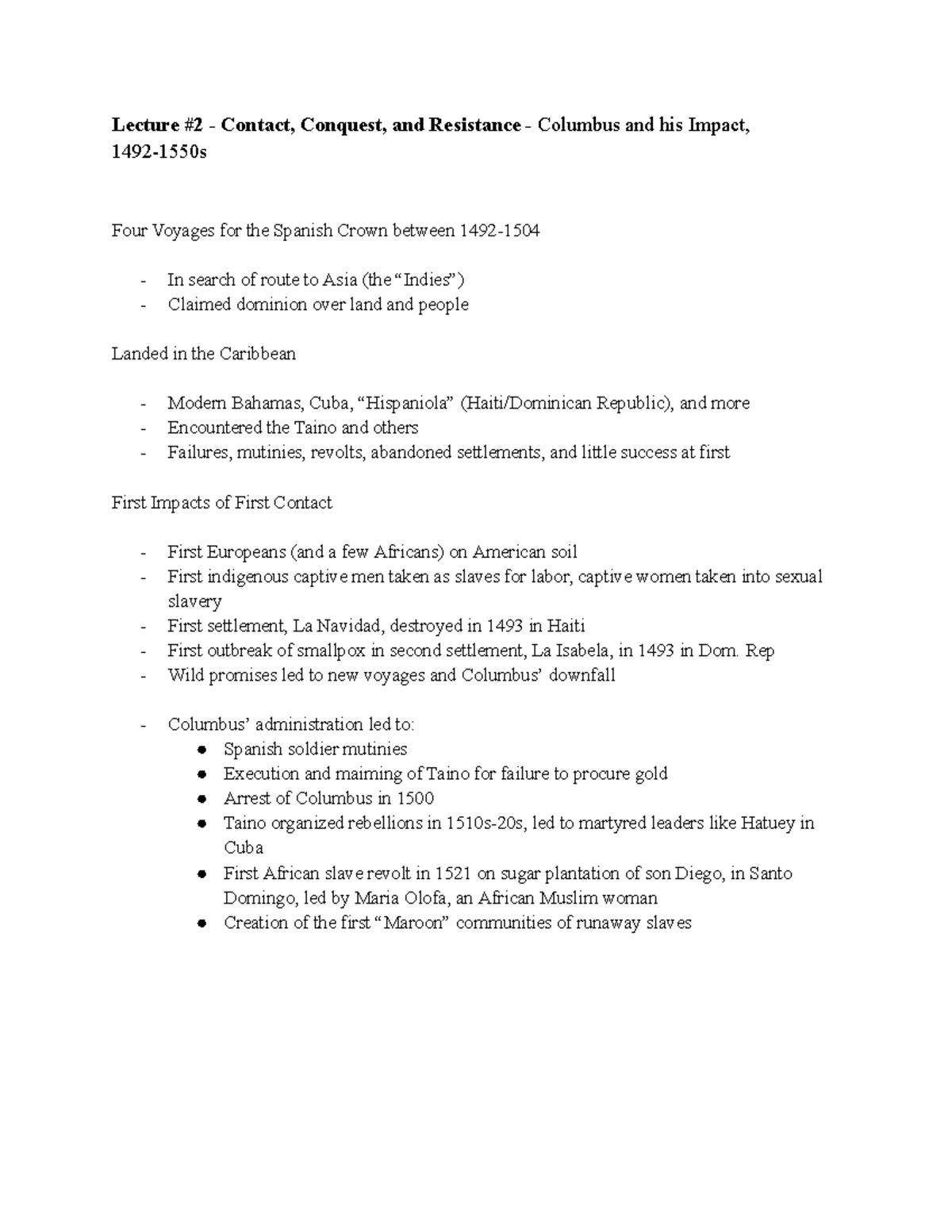 HIST 210 - Lecture 2 - Lecture #2 - Contact, Conquest, and Resistance ...