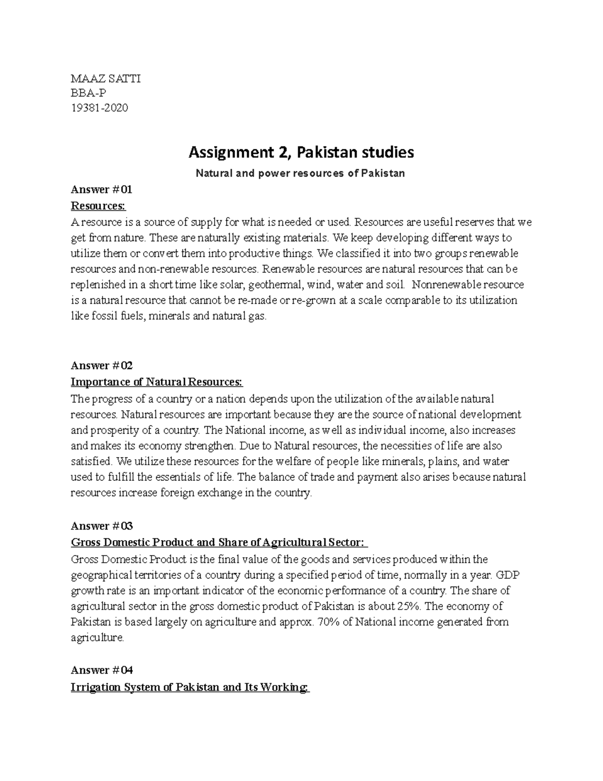 Assignment - MAAZ SATTI BBA-P 19381- Assignment 2, Pakistan studies ...