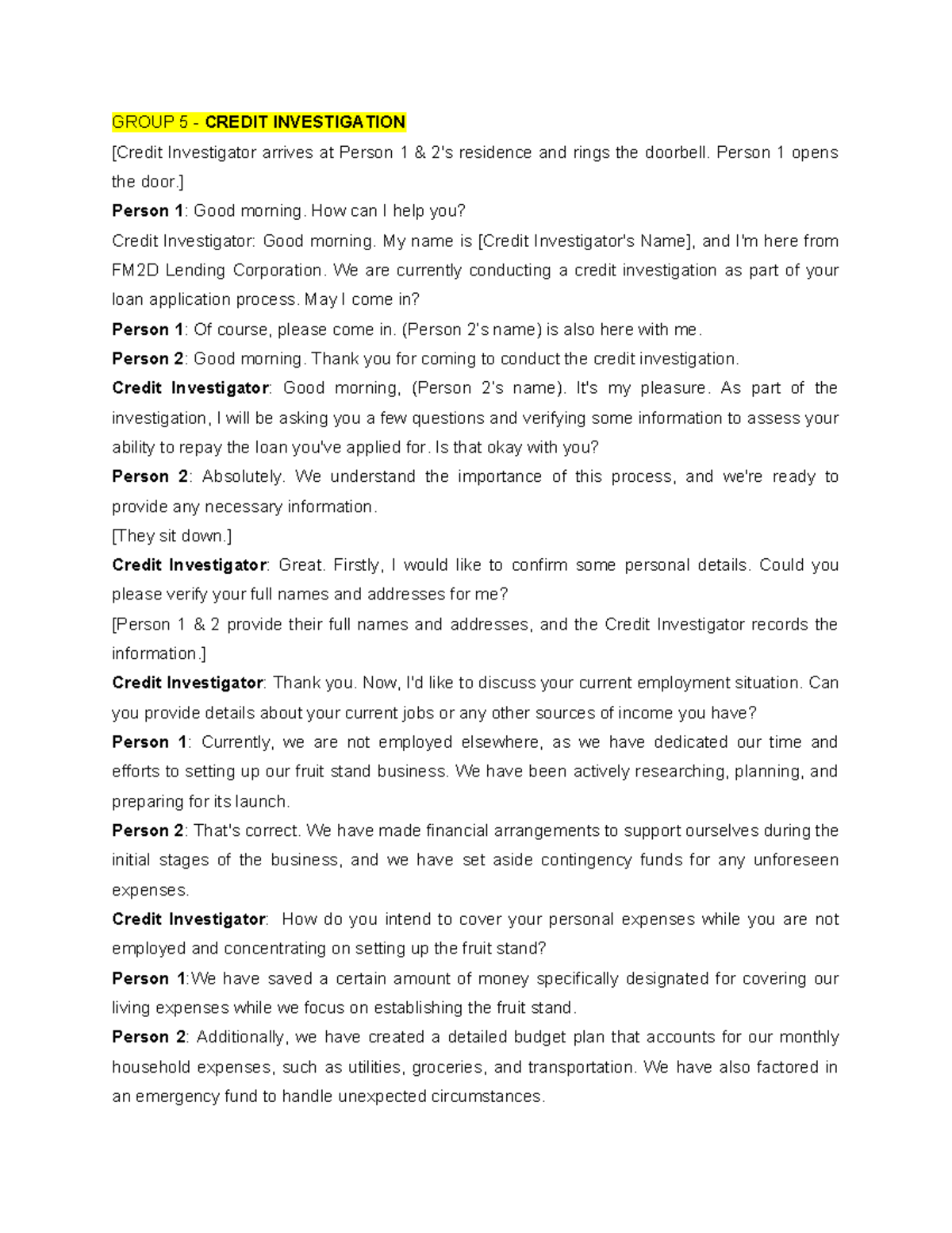 Script Roleplay - GROUP 5 - CREDIT INVESTIGATION [Credit Investigator ...