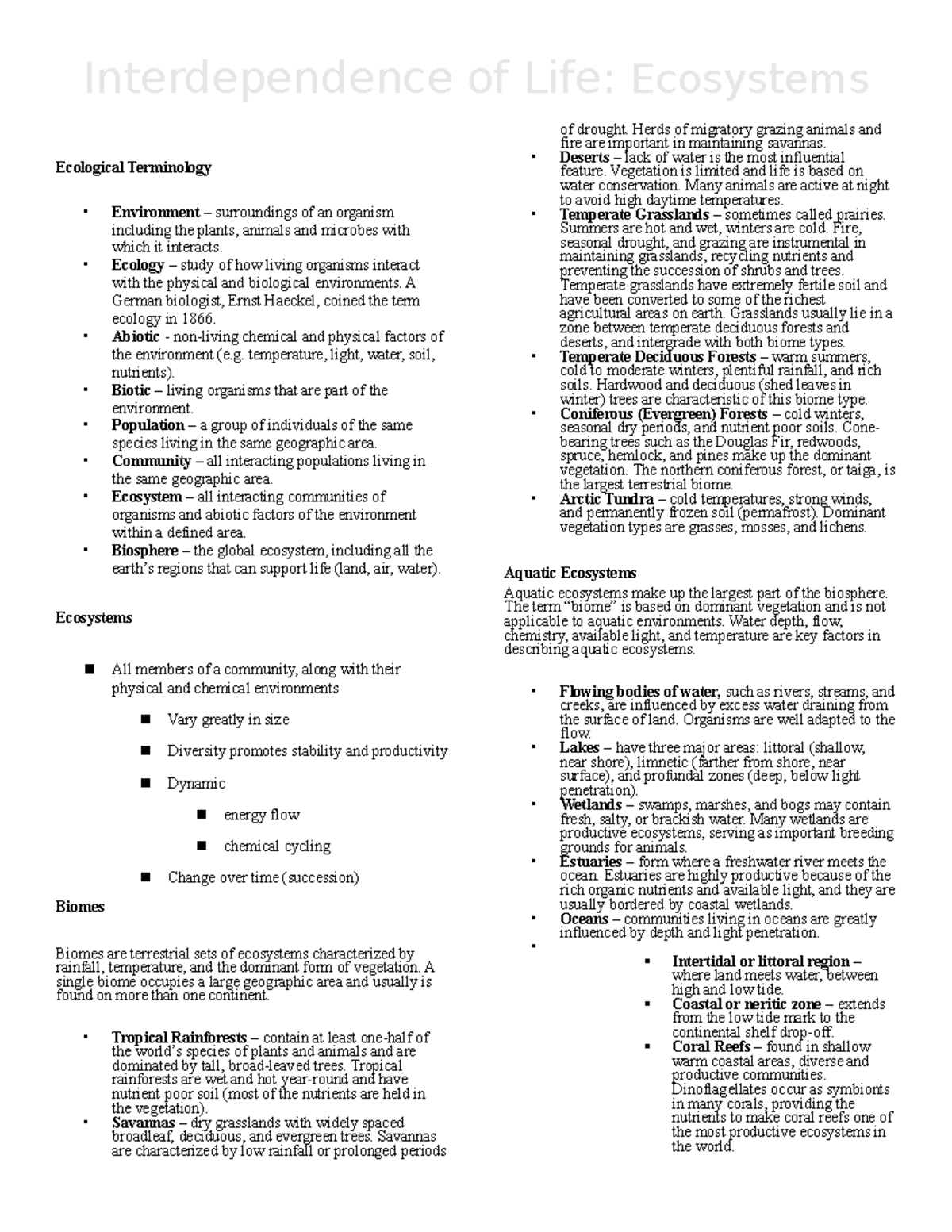 Interdependence of Life - Ecology – study of how living organisms ...