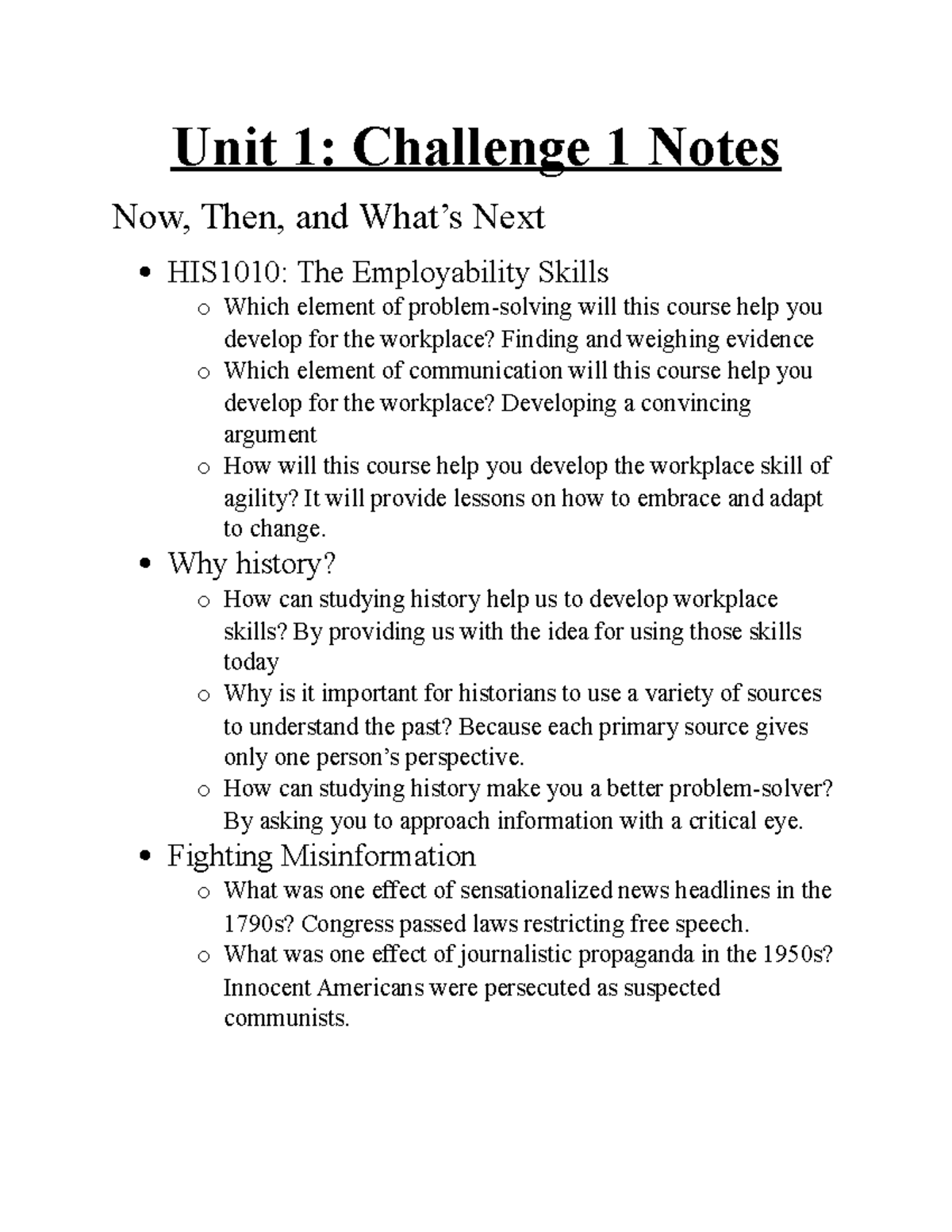 Challenge 1 Notes -U.S. History - Unit 1: Challenge 1 Notes Now, Then ...