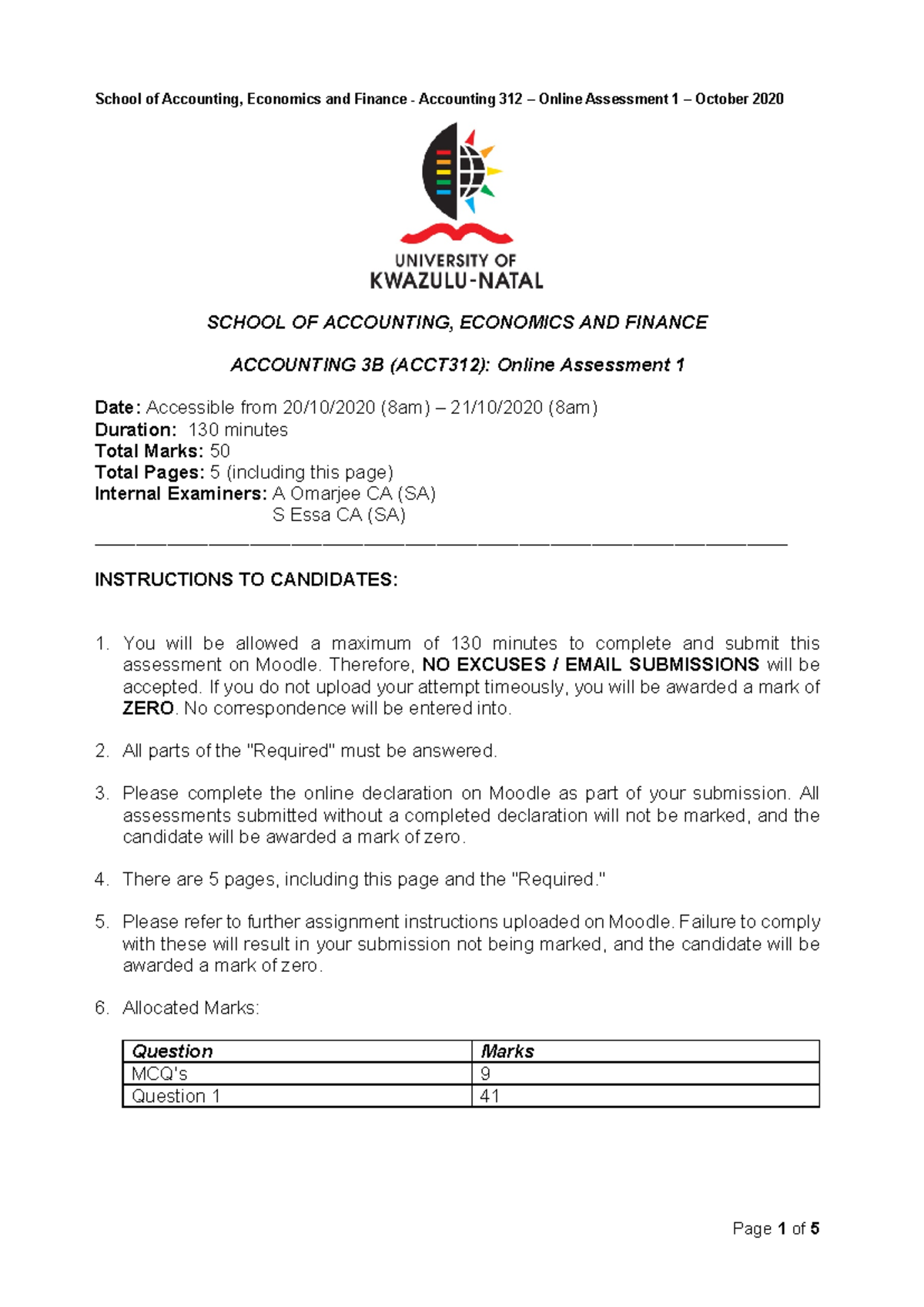 2020 Assessment 1 - Question PAPER (AUDITING 300) - SCHOOL OF ...