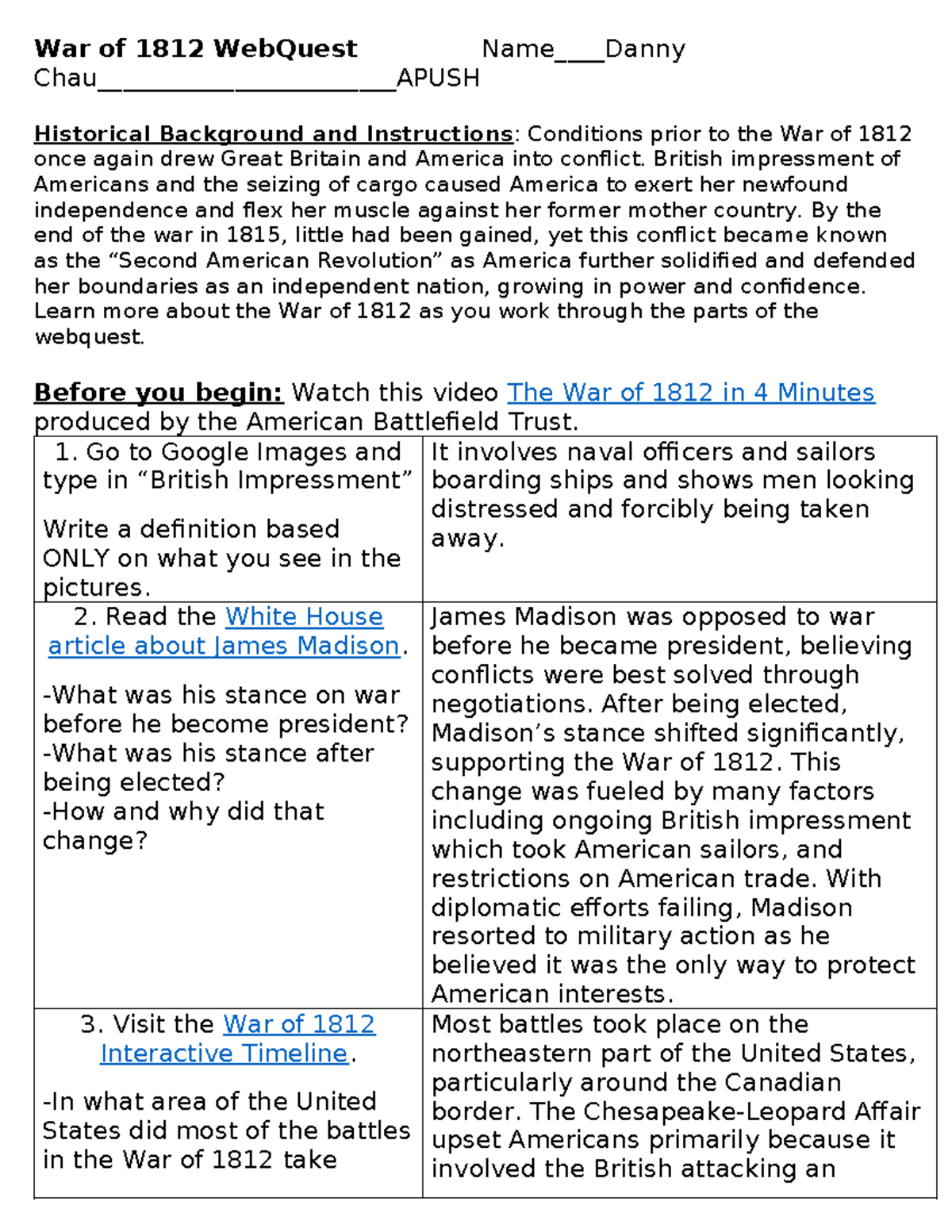 War of 1812 Webquest Done - War of 1812 WebQuest Name____Danny Chau