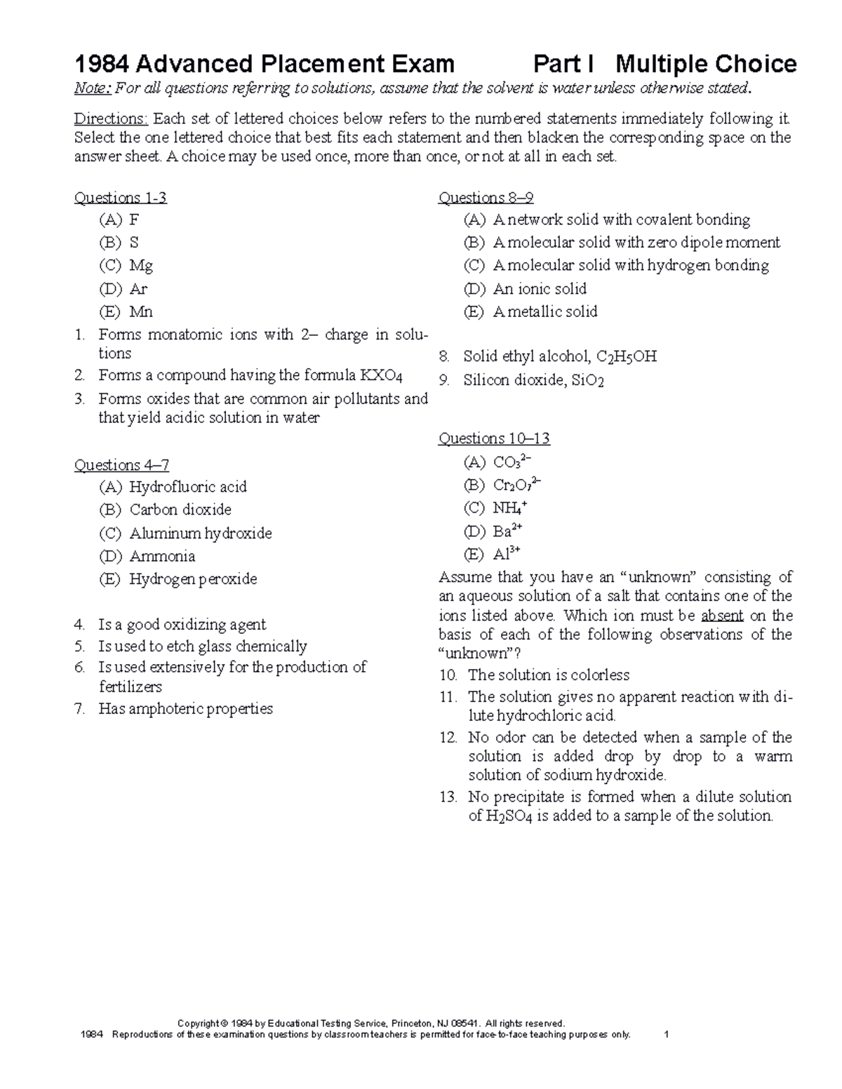 AP '84 Multiple Choice - dddddddddddddd - 1984 Advanced Placement Exam ...