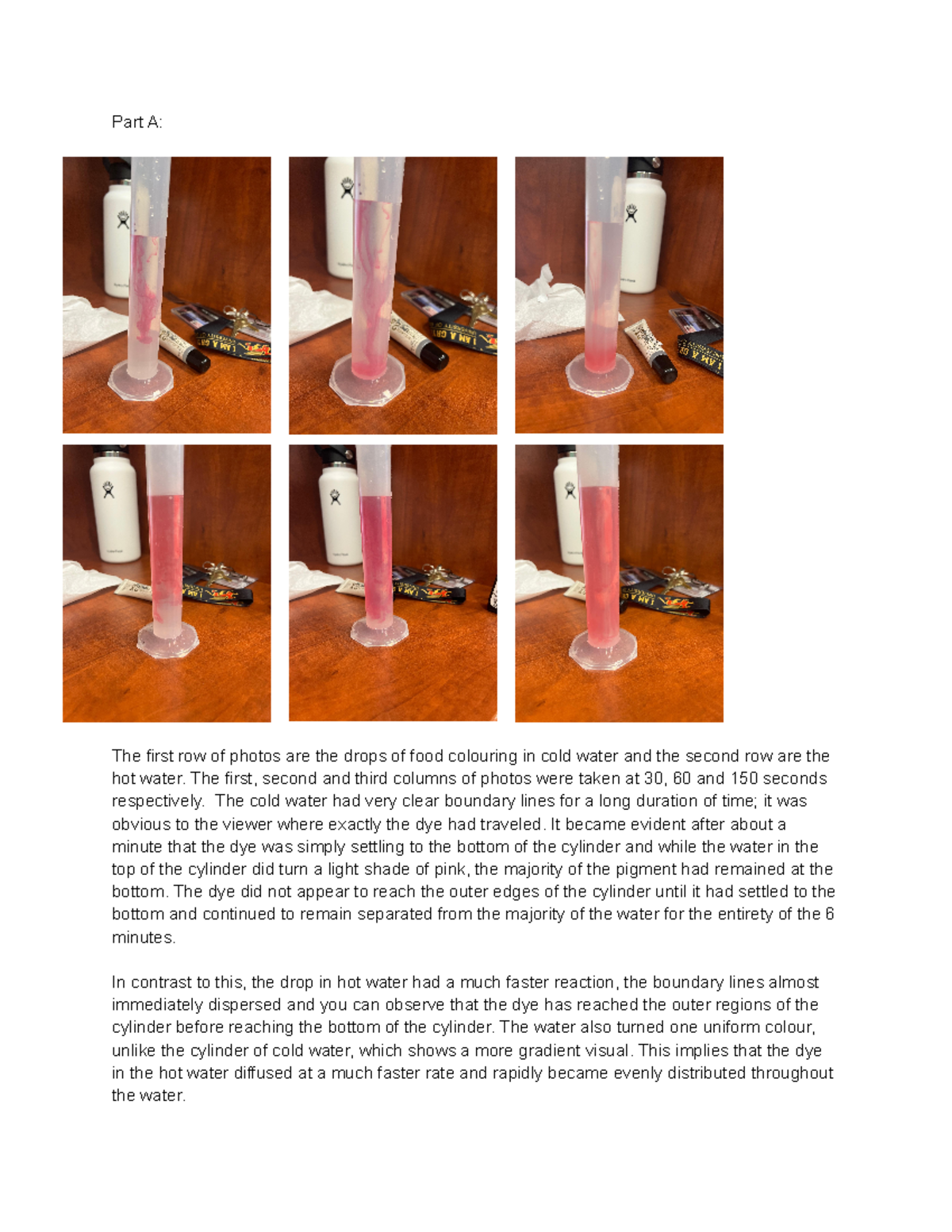 PHYS1080 Lab 5 - lab 5 - Part A: The first row of photos are the drops of food colouring in cold ...