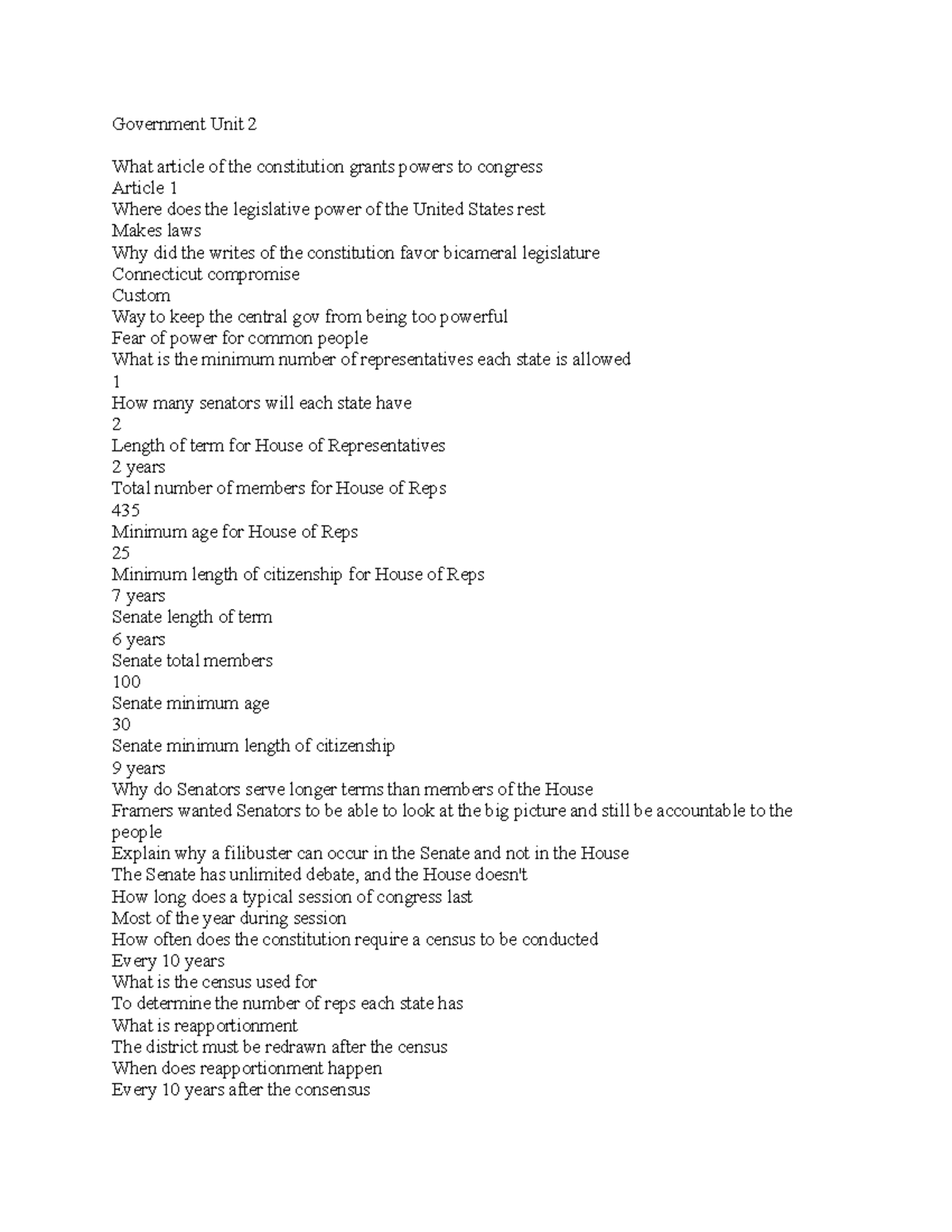 Gov 2 - Notes and Study Guide - Government Unit 2 What article of the ...