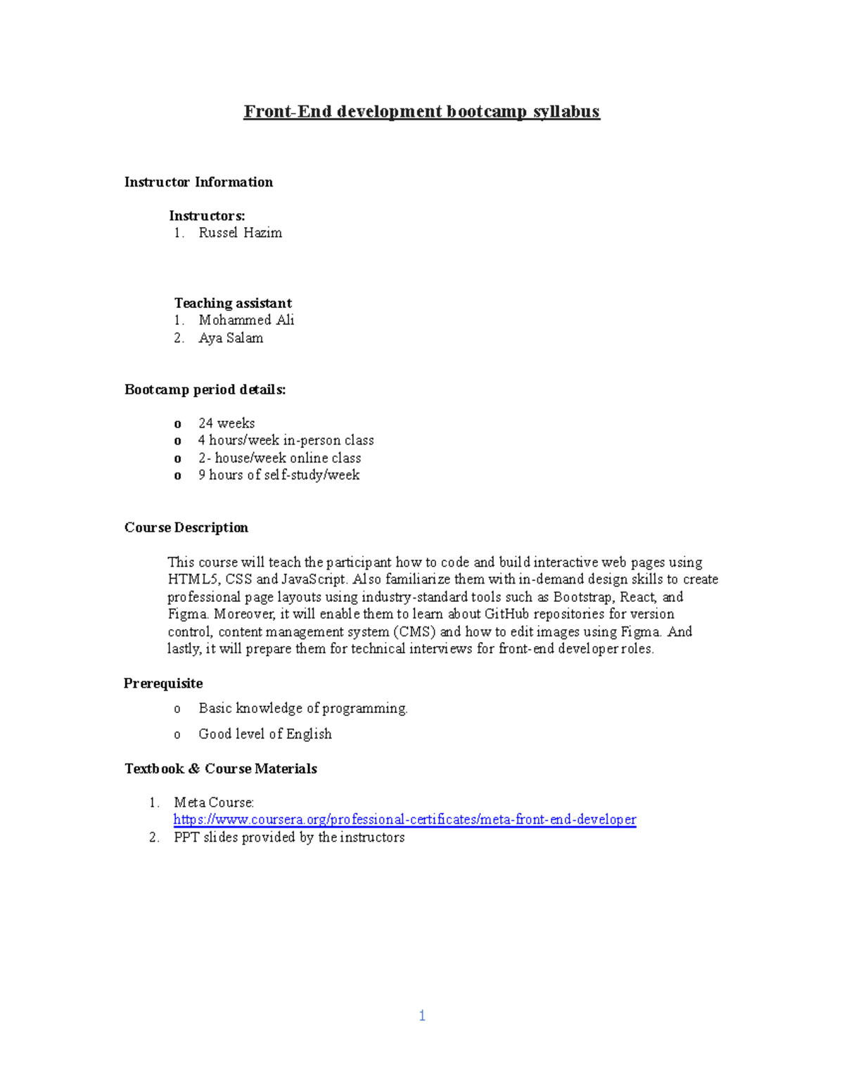 FE syllabus - Front-End development bootcamp syllabus Instructor ...