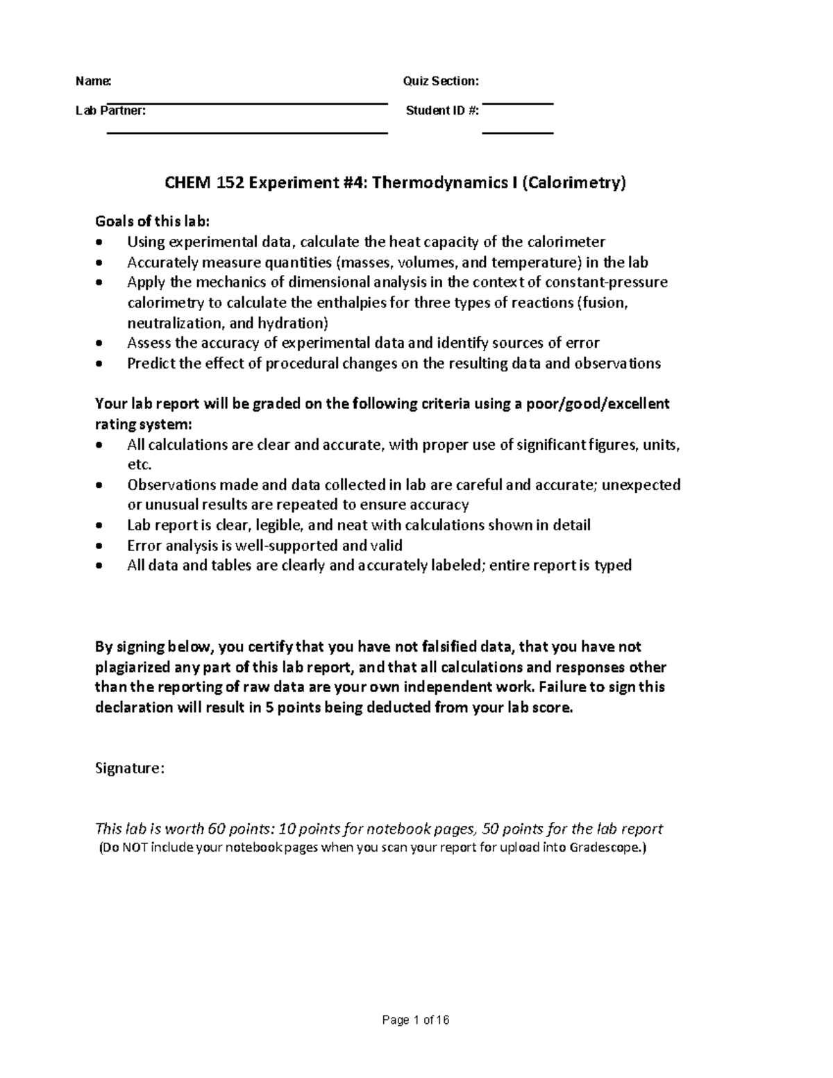 Chem152experiment 4 - Lab - Name: Quiz Section: Lab Partner: Student ID ...