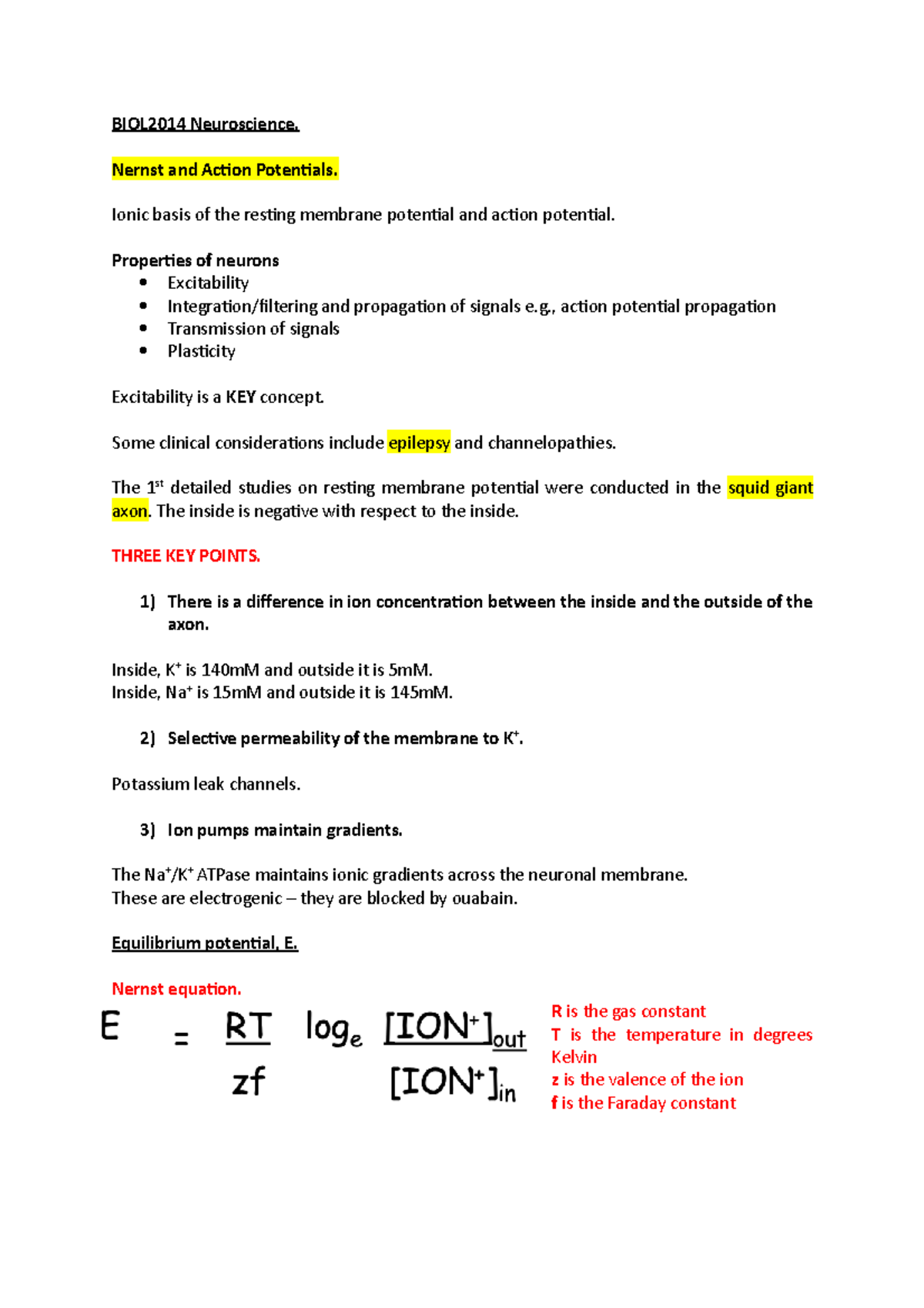 Nernst + AP - BIOL2014 Neuroscience lecture notes. - BIOL2014 ...