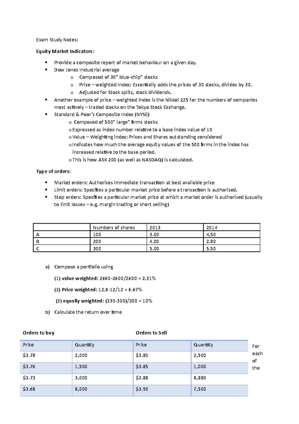 Exam Study Notes - summary - Exam Study Notes: Equity Market Indicators ...