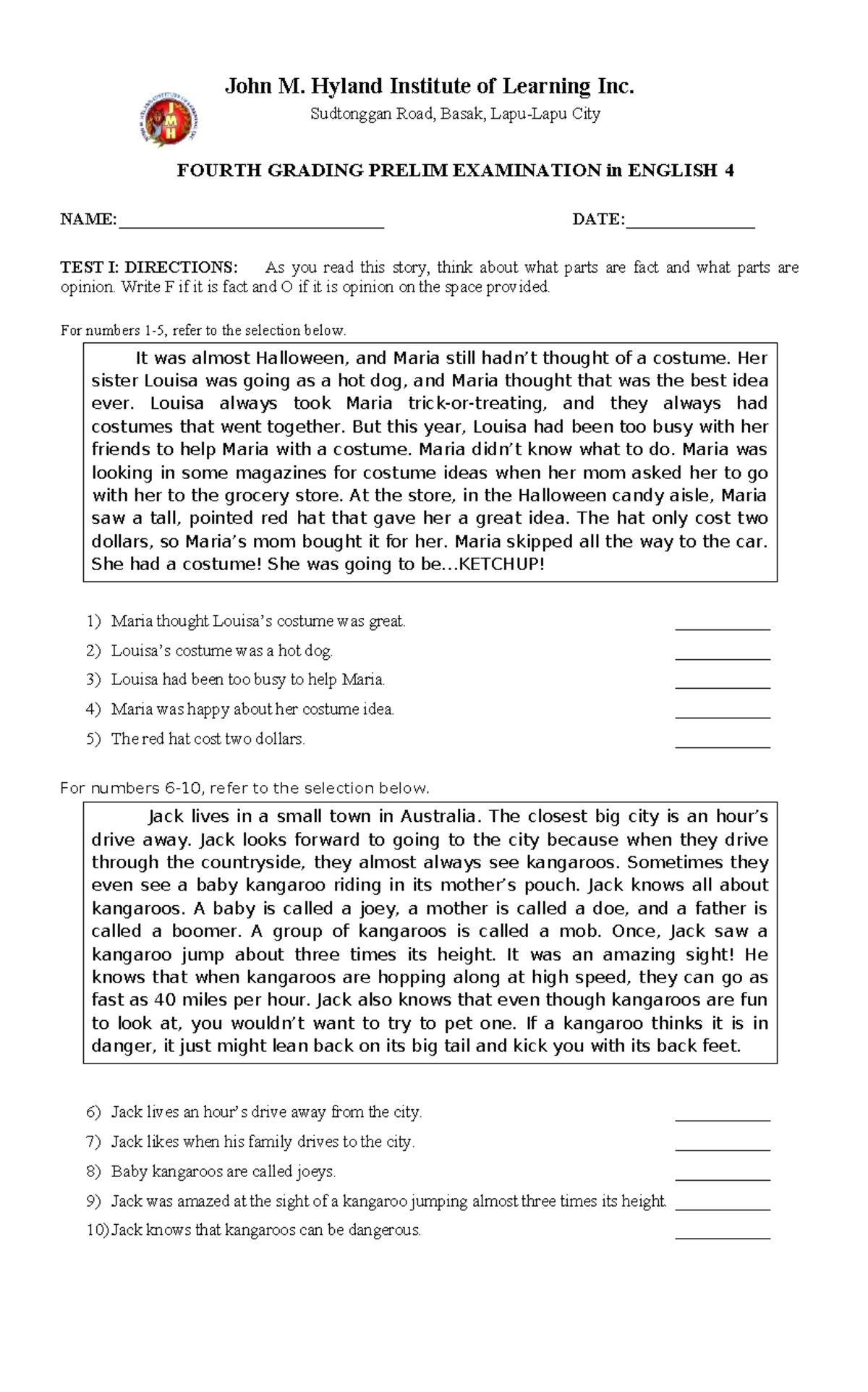 4th prelim examination - John M. Hyland Institute of Learning Inc ...