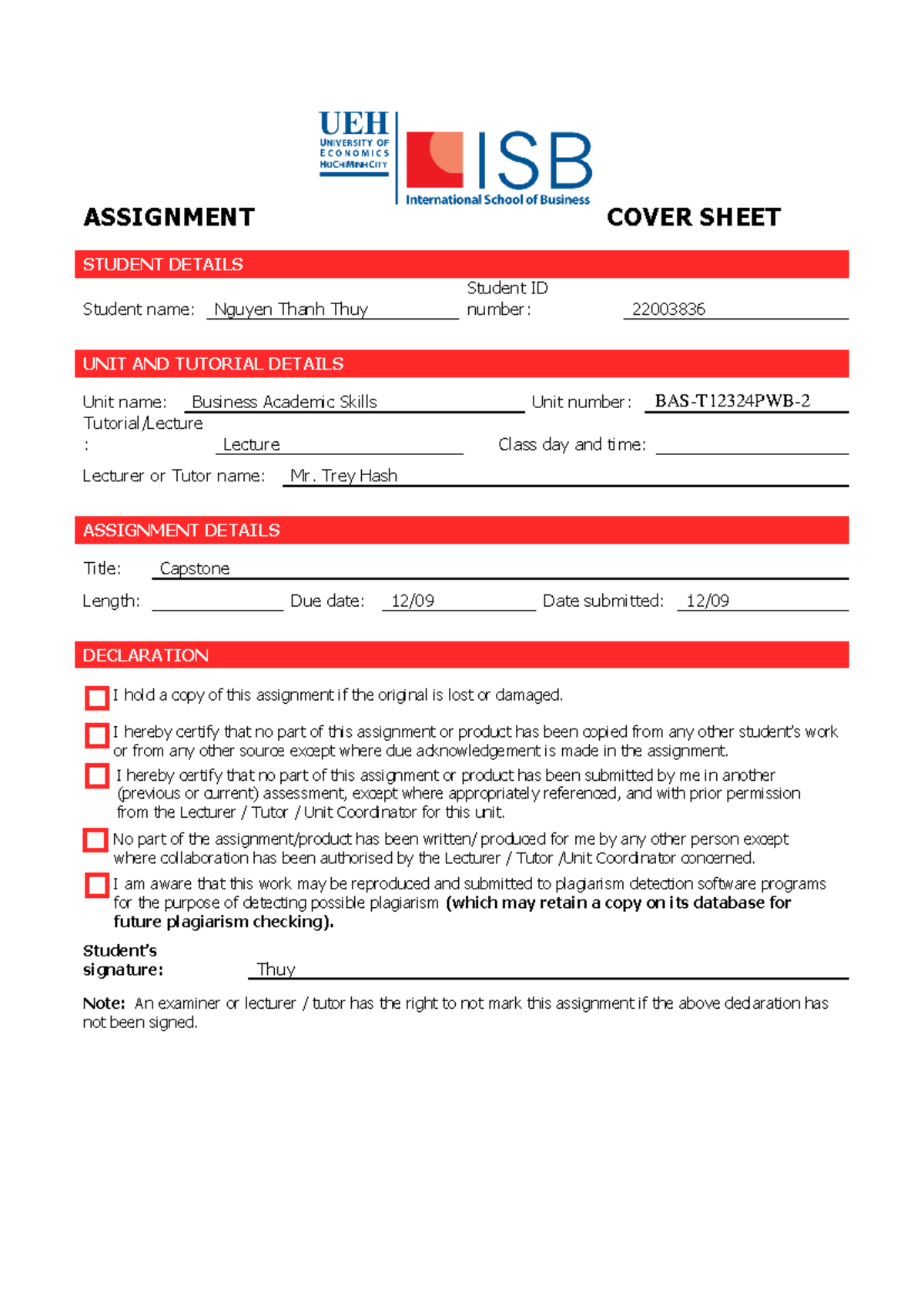 Nguyen Thanh Thuy- Capstone - ASSIGNMENT COVER SHEET STUDENT DETAILS ...