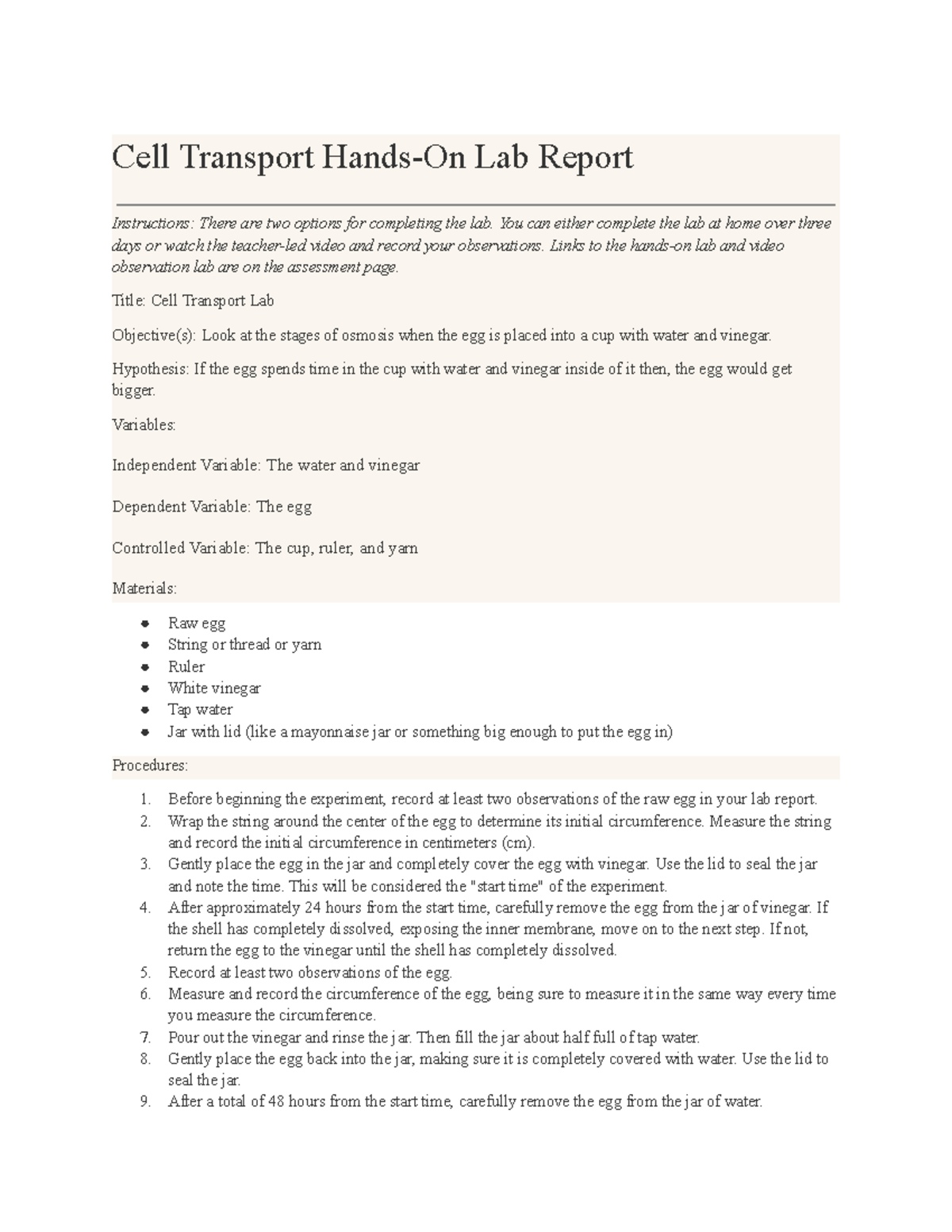 Cell Transport Hands-On Lab Report - Cell Transport Hands-On Lab Report ...