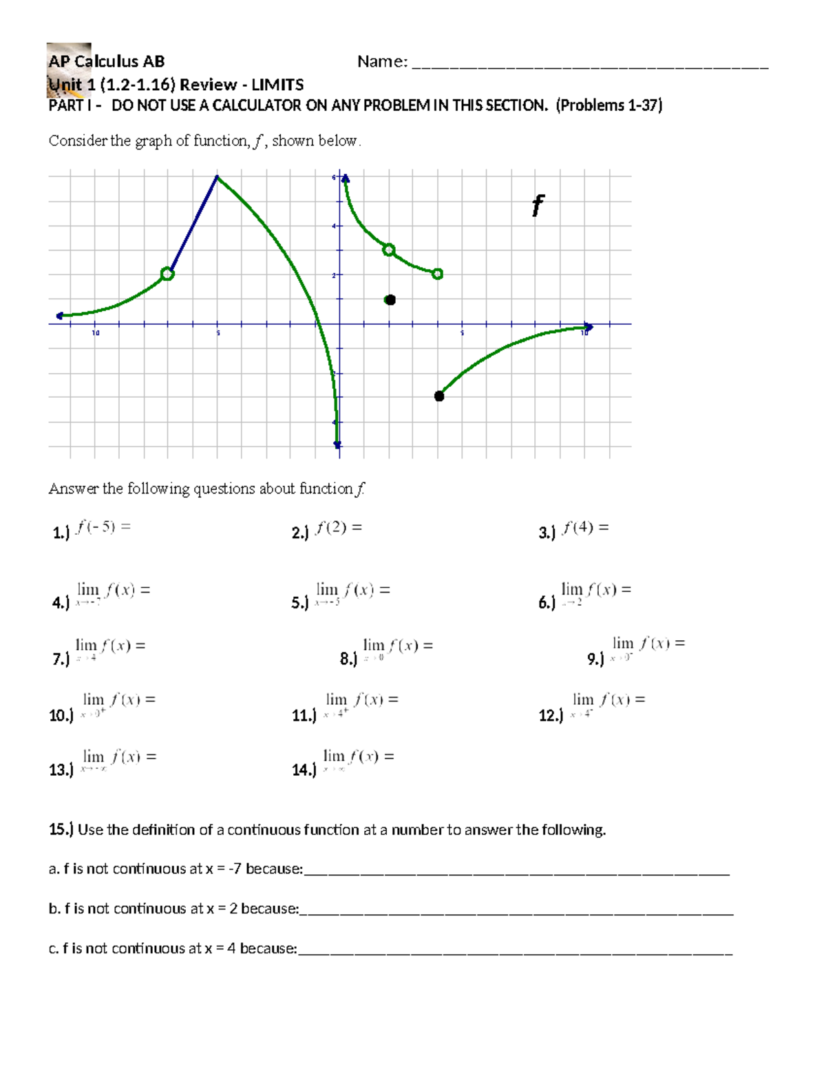 Unit 1 Exam Review - 2019 - AP Calculus AB Name ...