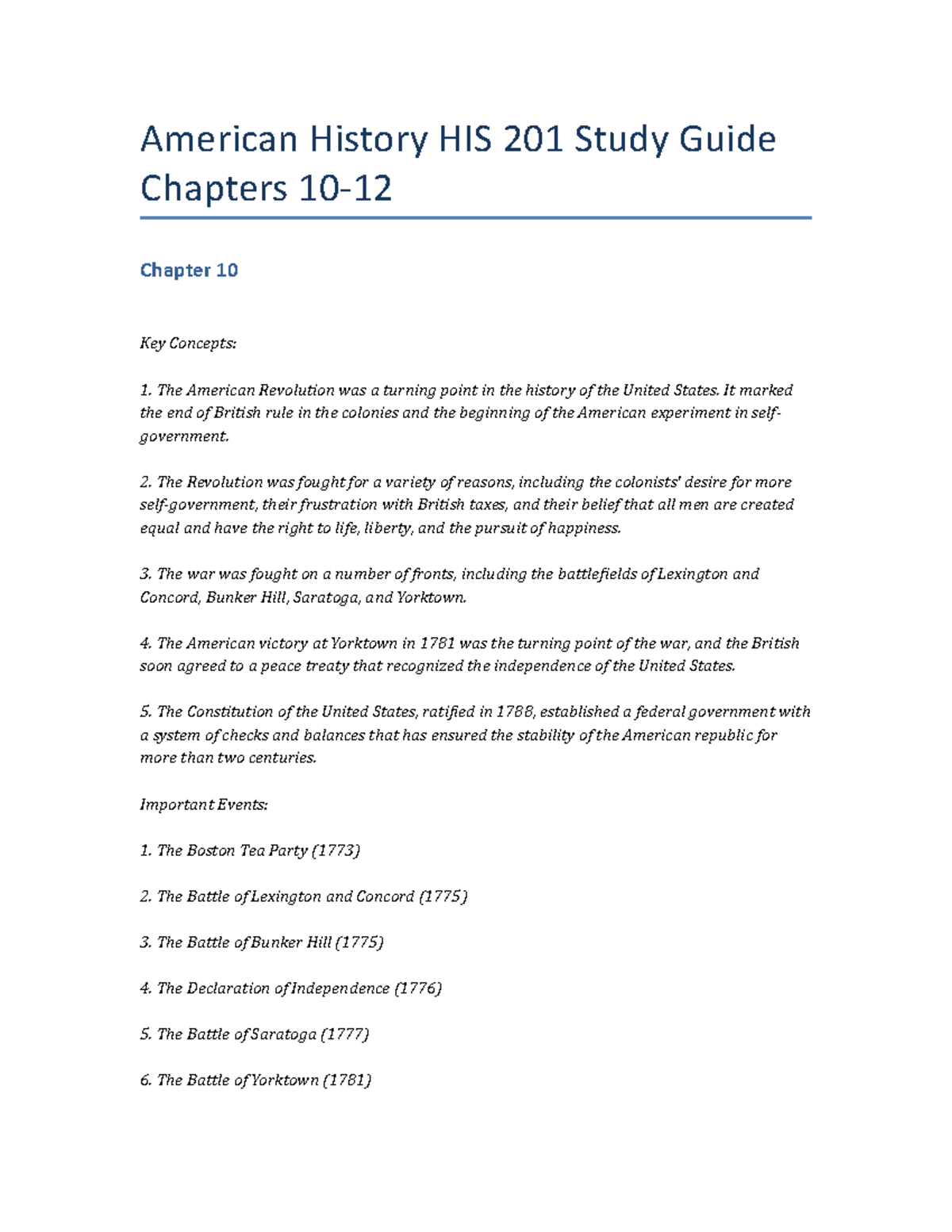 American History HIS 201 Study Guide Chapters 10-12 - American History ...