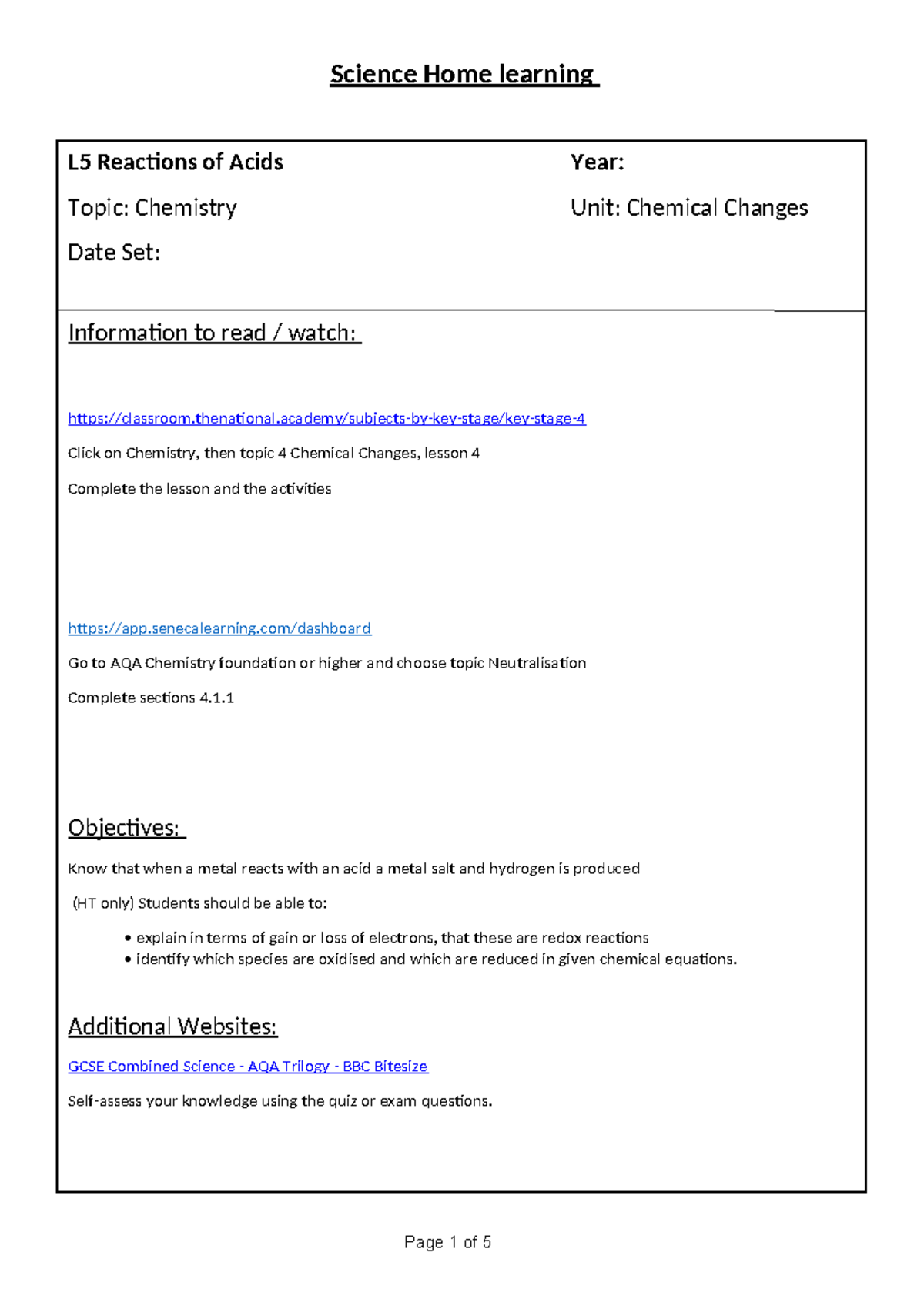 L5 Reactions of Acids HL - Science Home learning L5 Reactions of Acids ...