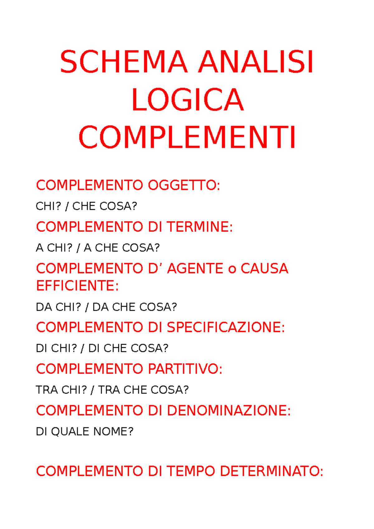 Elenco complementi Analisi Logica - SCHEMA ANALISI LOGICA COMPLEMENTI ...