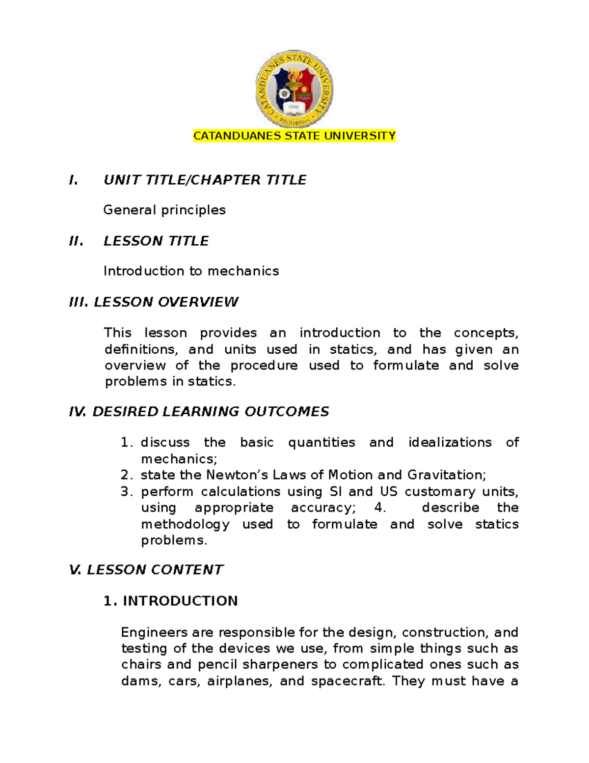 Lesson on Introduction to Mechanics - I. UNIT TITLE/CHAPTER TITLE ...
