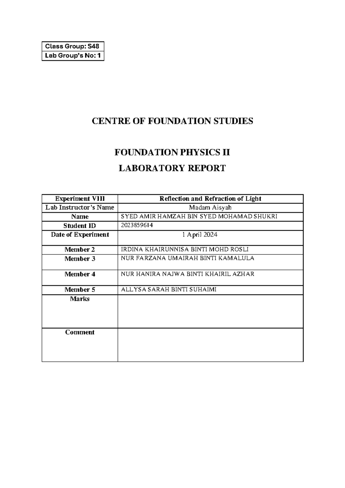LAB Report PHY Relection Refraction - Class Group: S Lab Group’s No: 1 ...