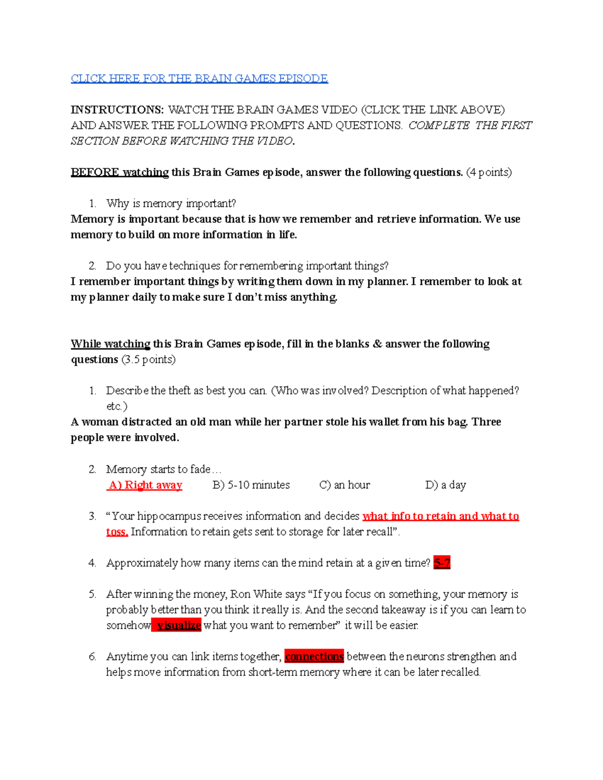 Student Recitation Activity #3 - Memory - CLICK HERE FOR THE BRAIN ...