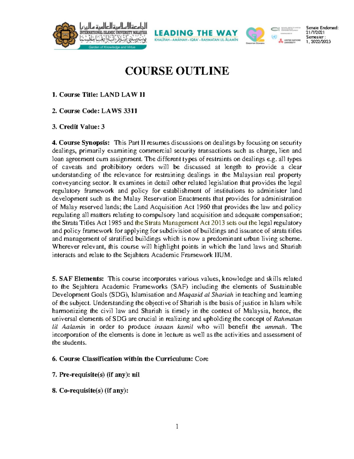 LAND 2 Course Outline 3311-2023 - 1 Senate Endorsed: 21/7/ Semester : 1 ...
