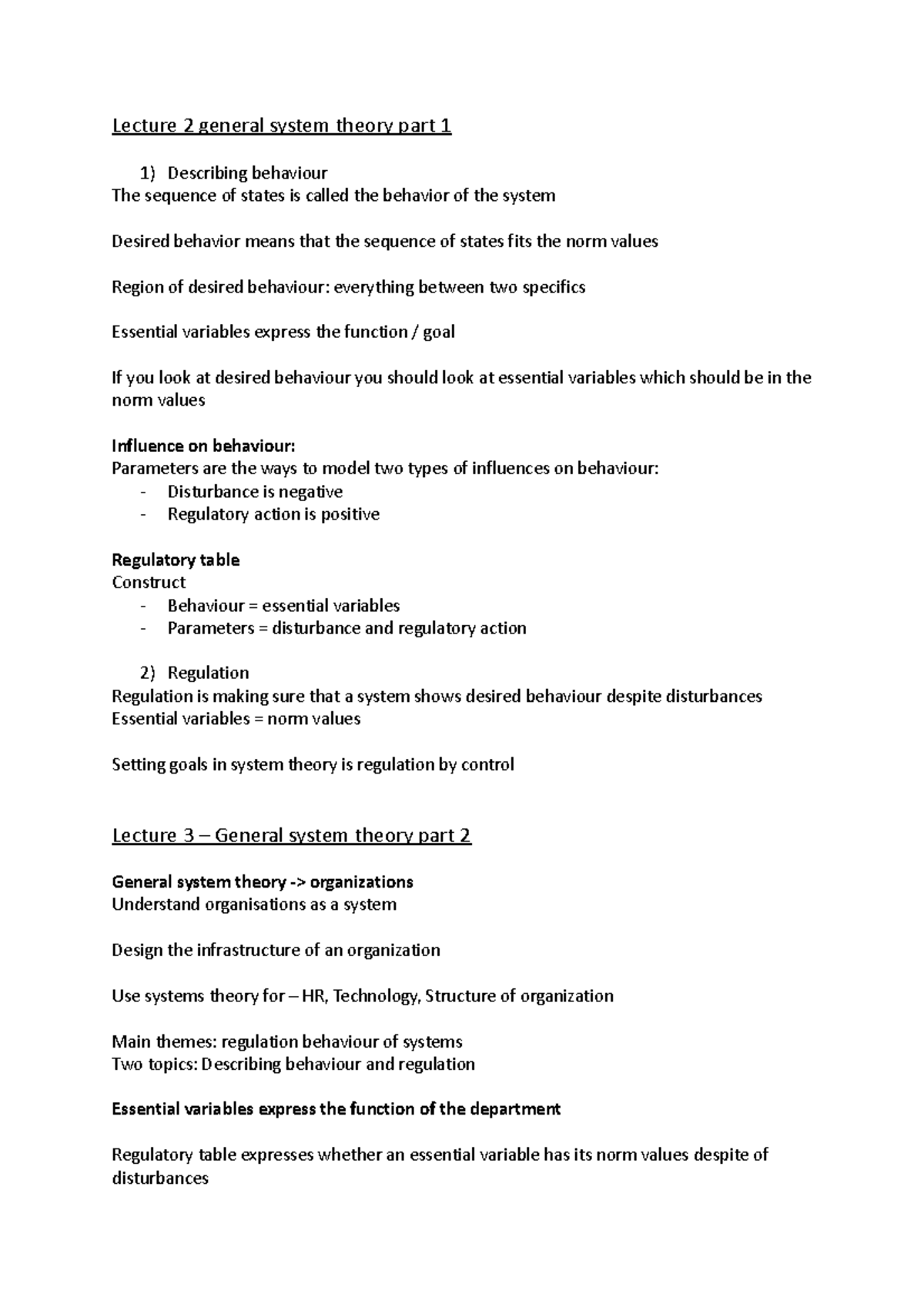 System theory summary lectures - Lecture 2 general system theory part 1 Describing behaviour The ...