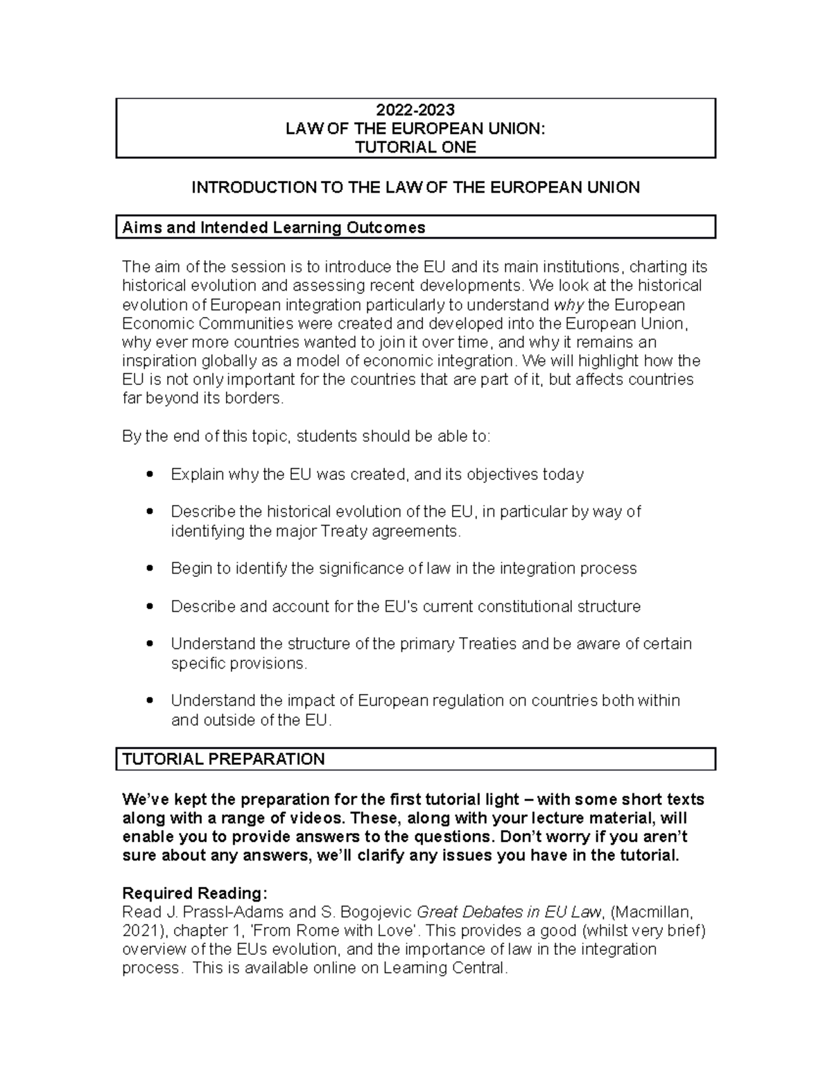 EU law - 2022- LAW OF THE EUROPEAN UNION: TUTORIAL ONE INTRODUCTION TO ...